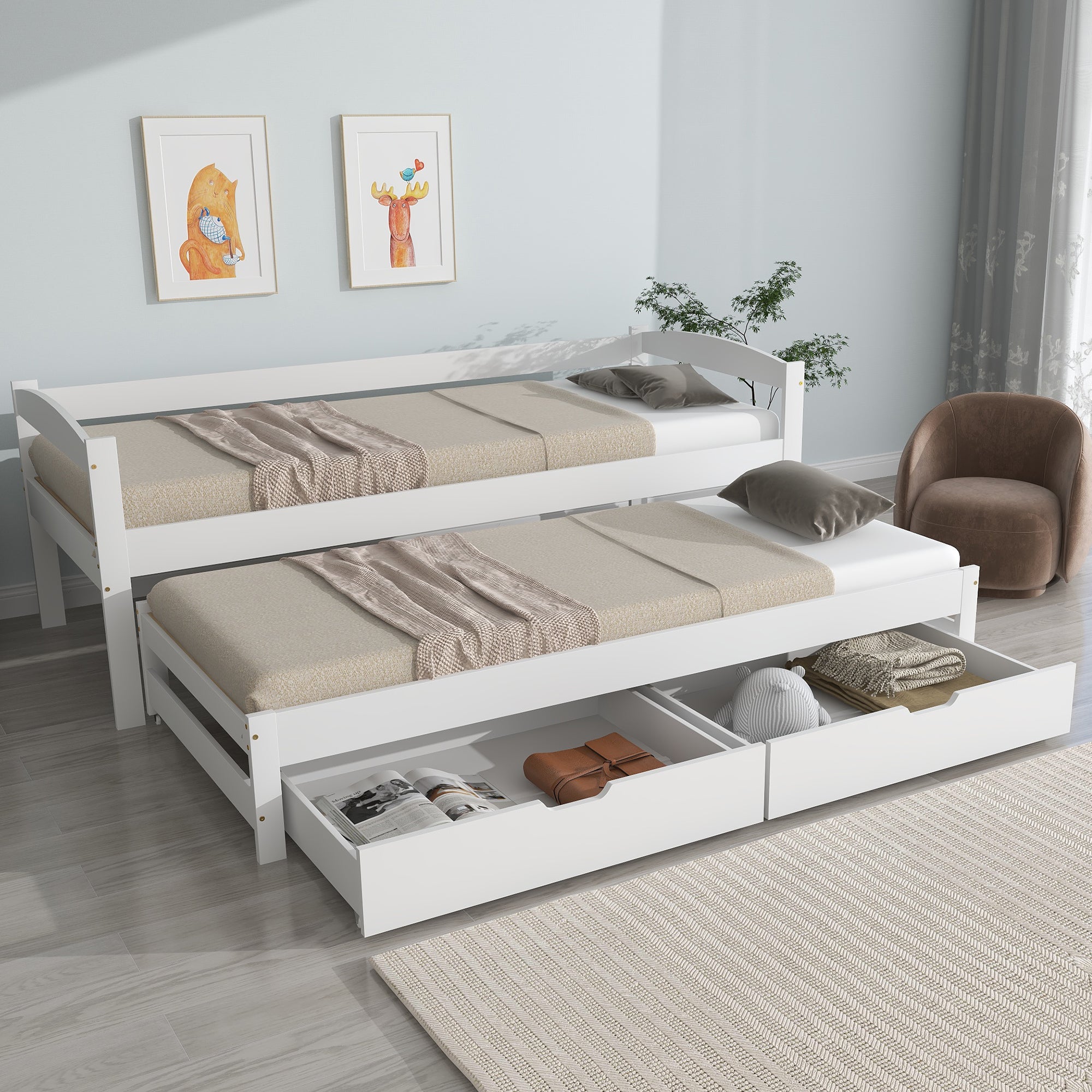 Daybed Single/Double Sliding Bed with 2 MDF Drawers, Solid Wood Frame ...