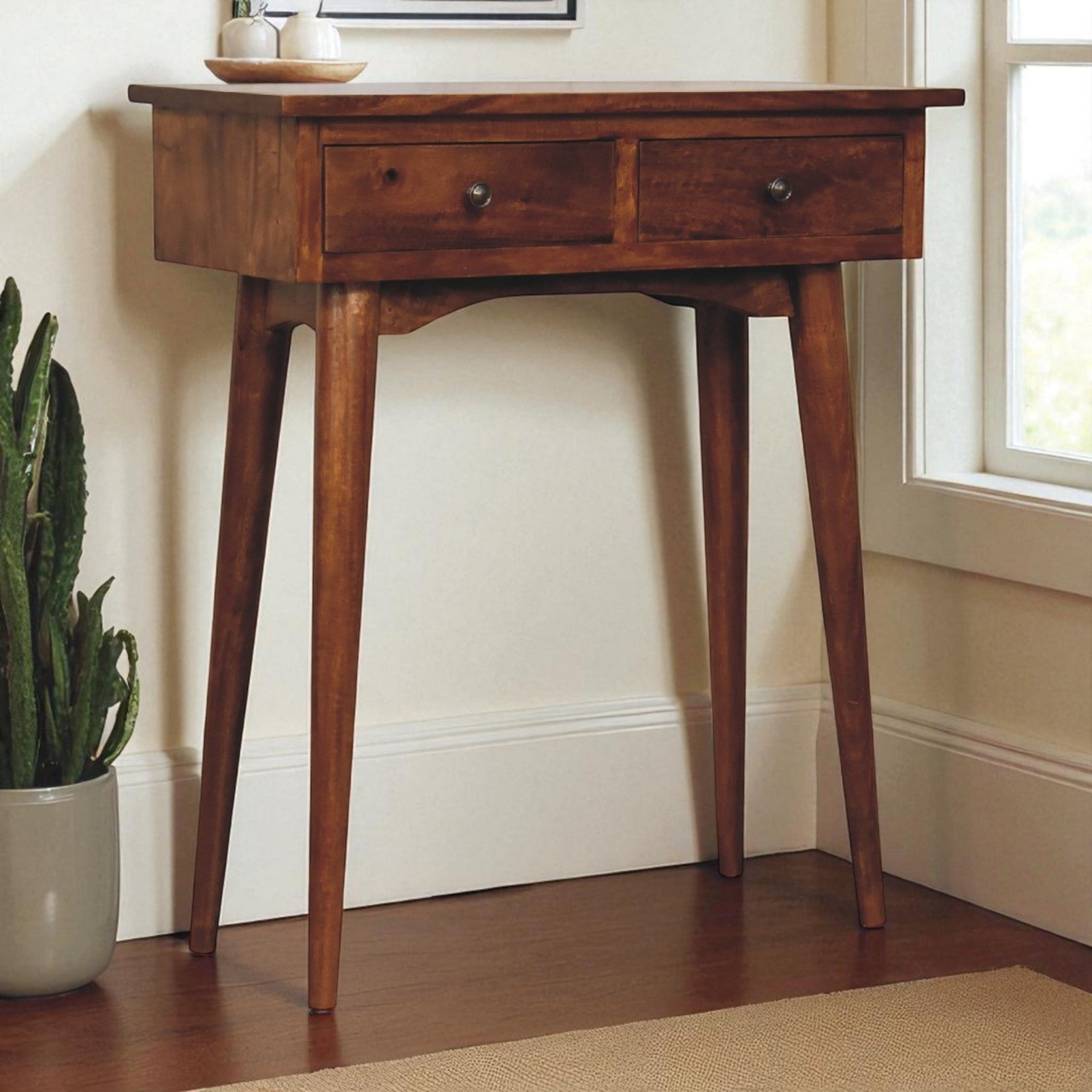 Solid Wood Mini Hallway Console, 2 Drawers, Nordic Legs, Chestnut Brow ...