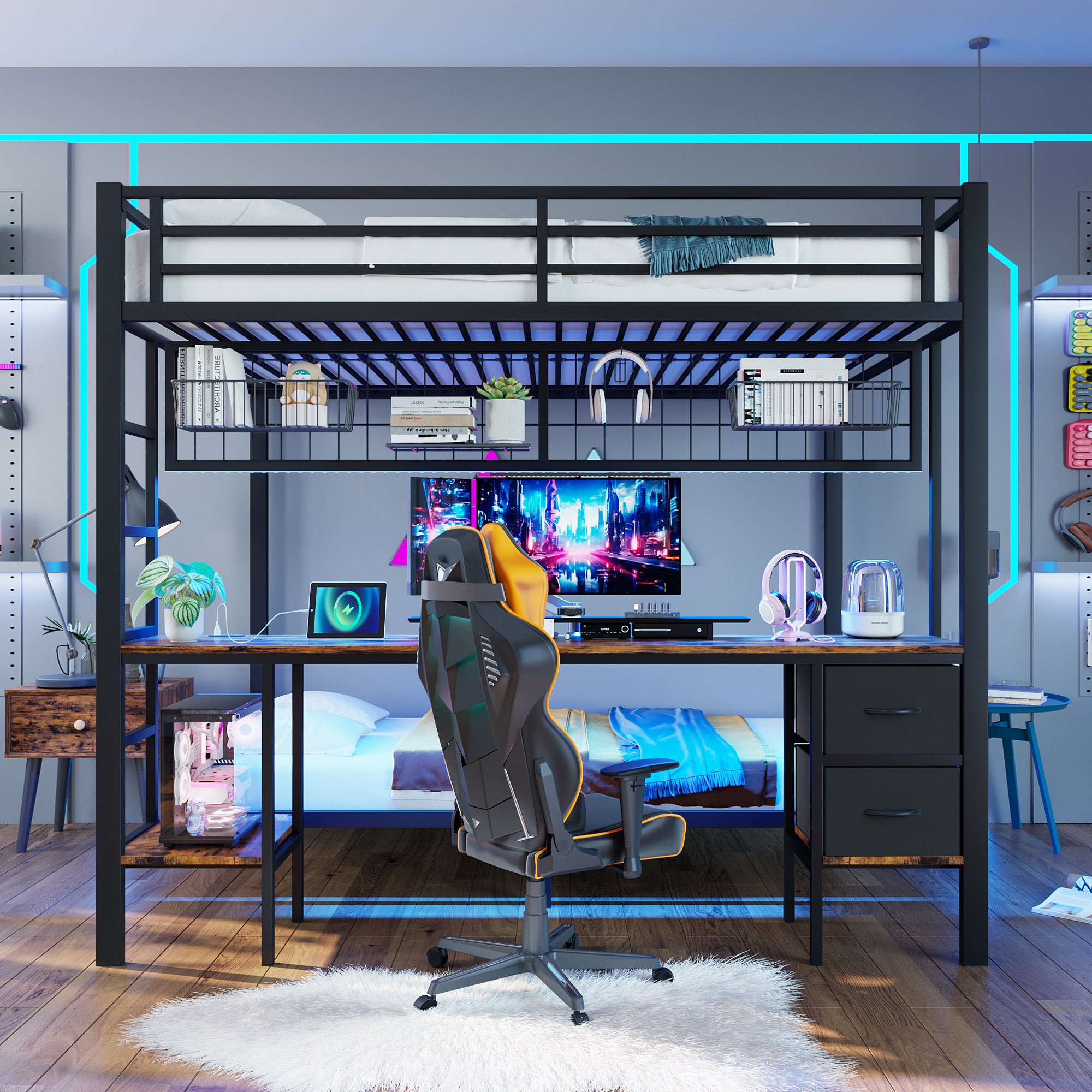 Loft Bed with Iron Frame, Drawers, Desk, LED Strip, USB Port, Black ...