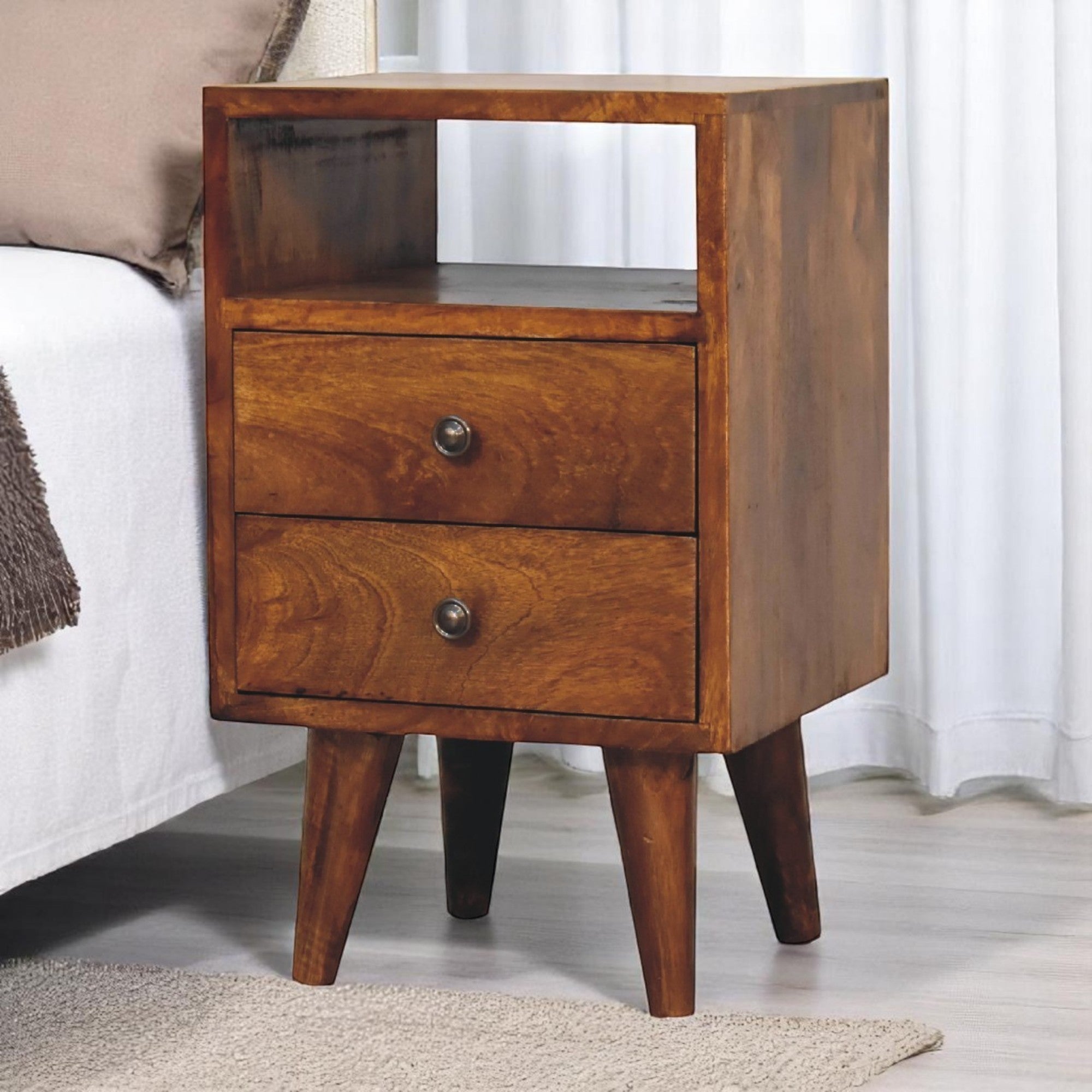 Solid Wood Bedside, 2 Drawers and Open Slot, Dark Brown – RW Living