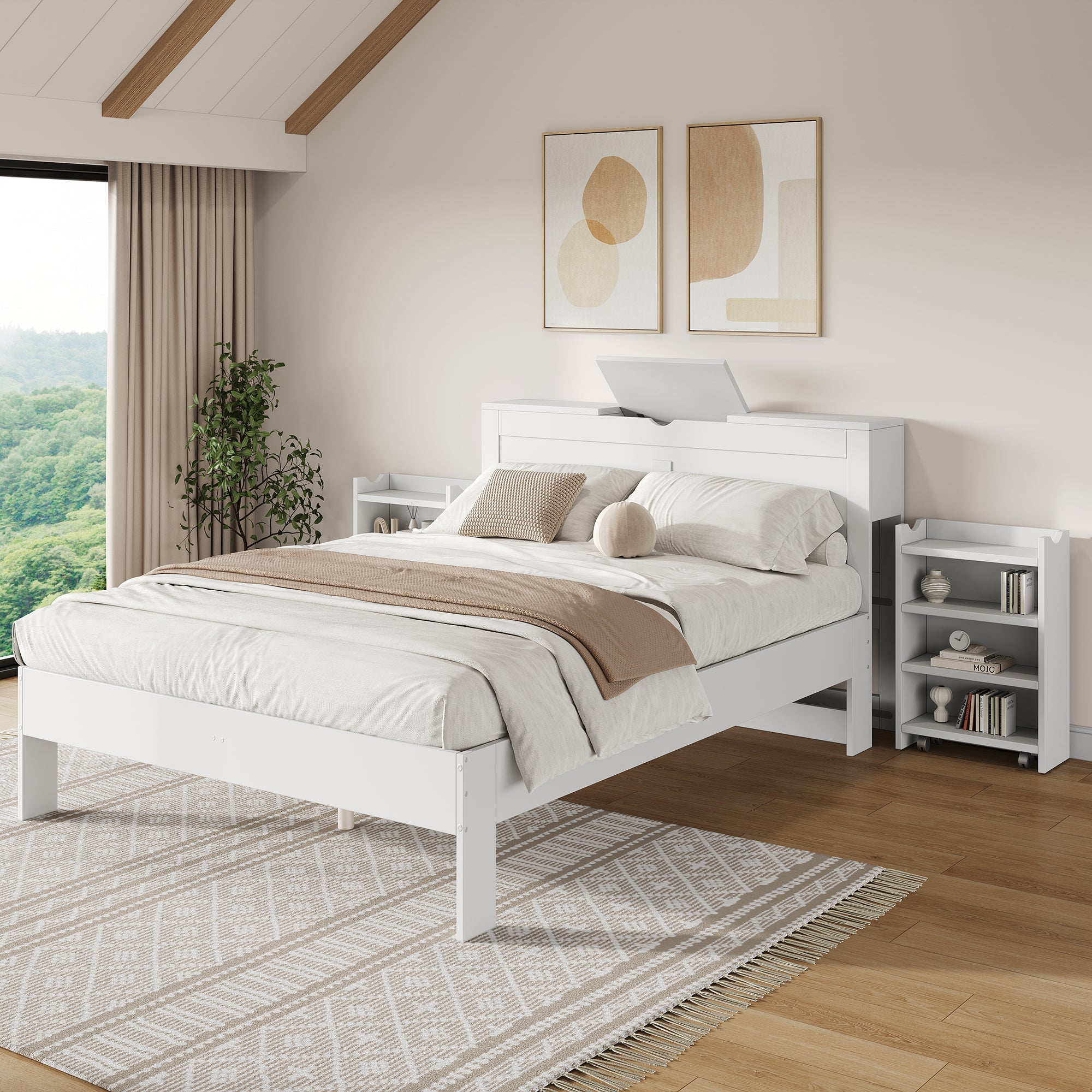 Wooden Bed 140*200 Double Bed with Storage and Pull-out Bedside Tables ...