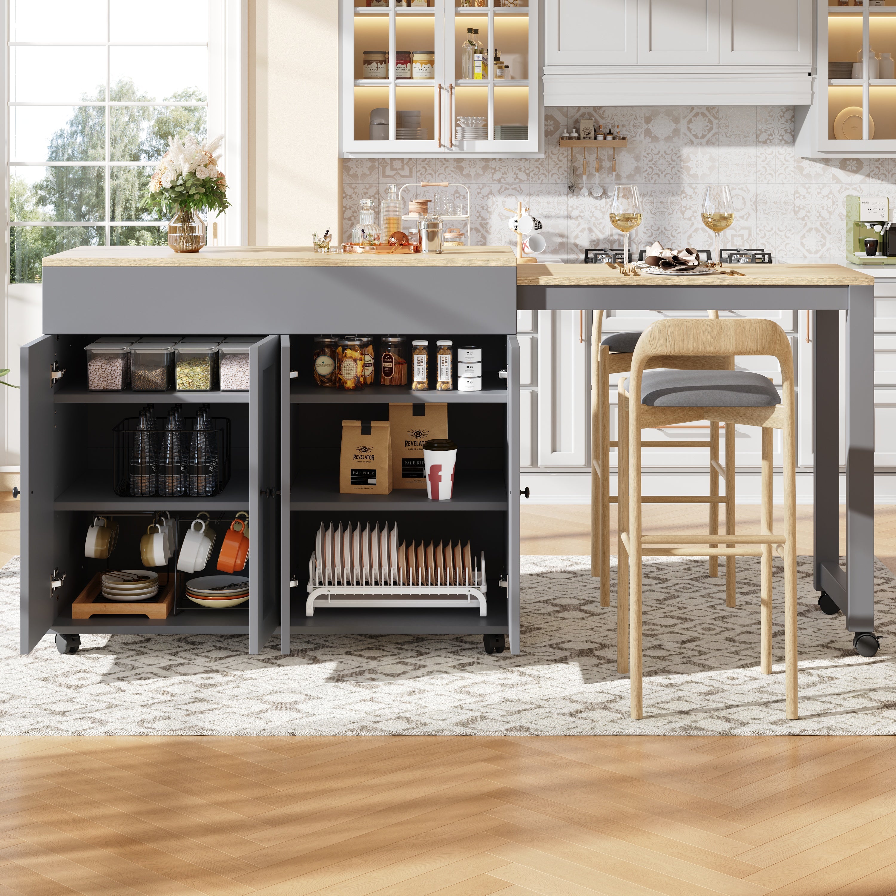 Modern Extendable Bar Table, Storage with Six Shelves, Grey – RW Living