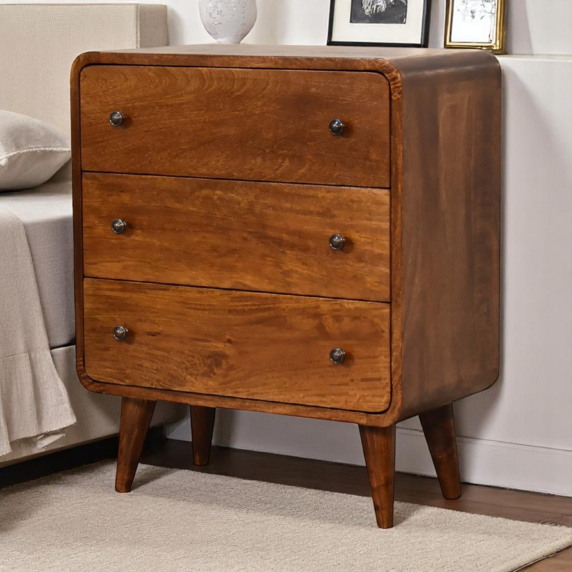 Chest, Mini Curved 3 Drawer Solid Wood Dark Brown – RW Living