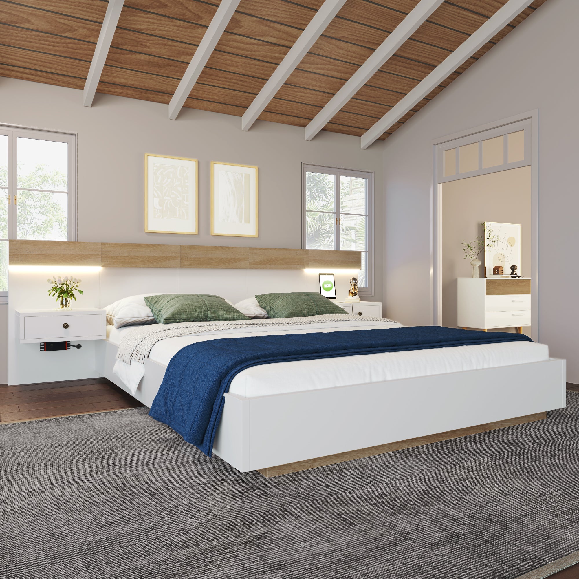 Double Bed Set with 2 LED Nightstands & USB C Socket, 180 x 200 cm, So ...