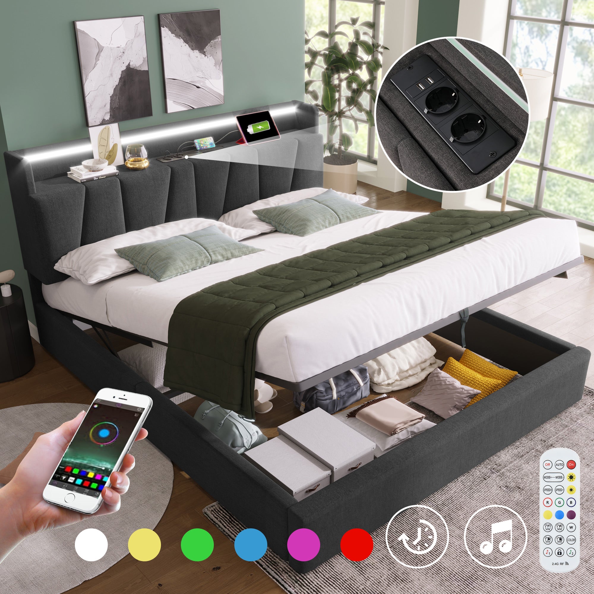 Upholstered Double Bed, 140x200cm, USB Charging, LED, Storage Headboar ...