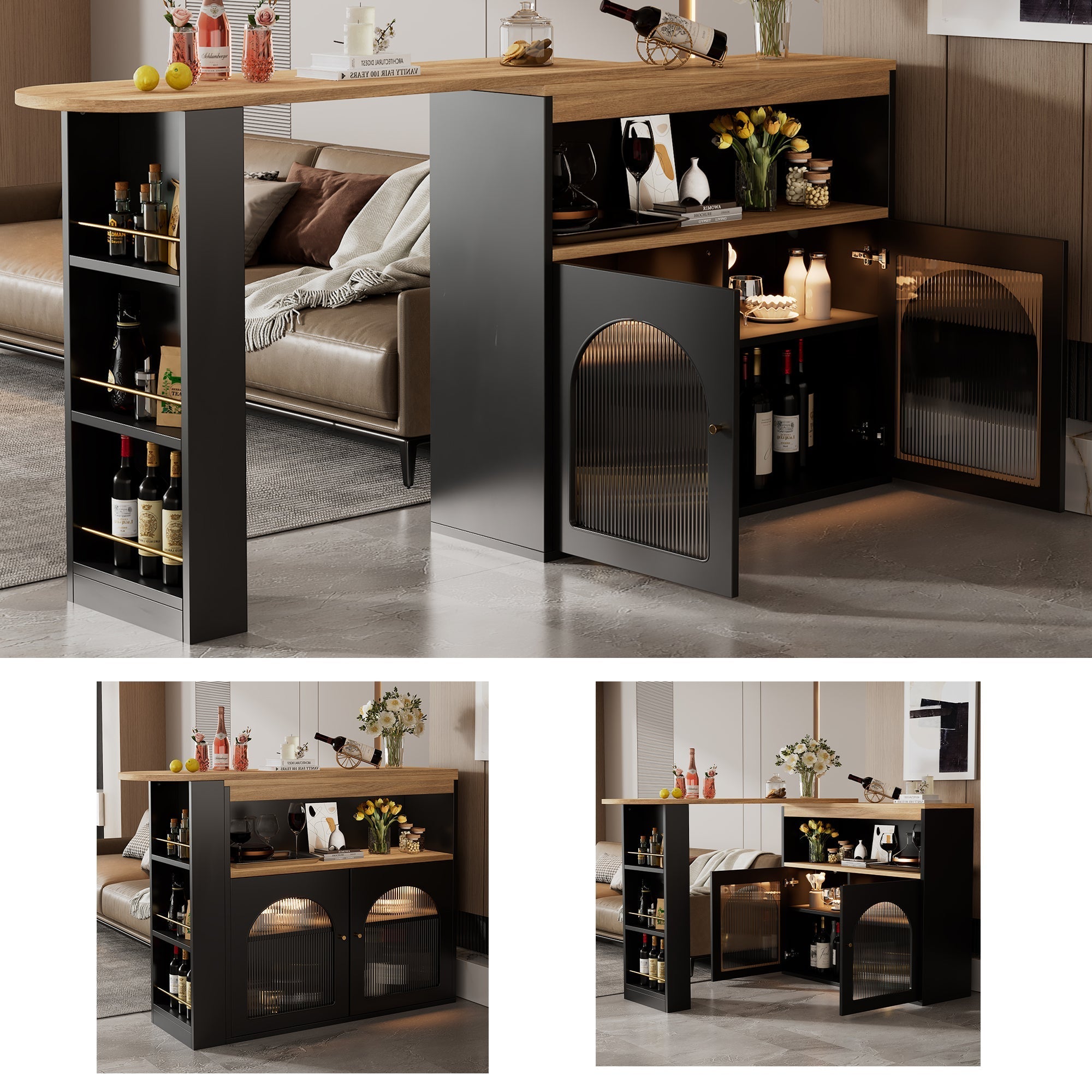 Extendable Bar Table Rotatable Storage LED Light Black – RW Living