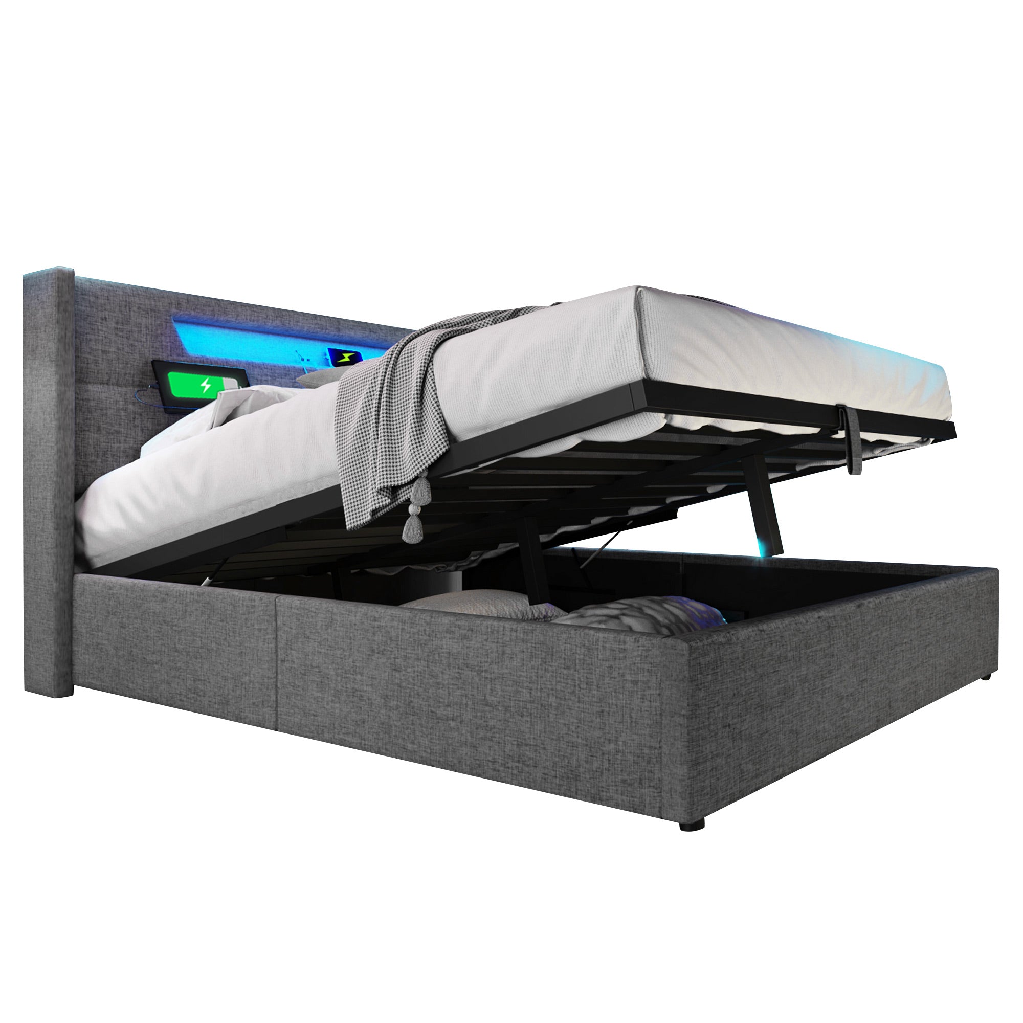 Upholstered Bed, LED Double with USB Type C Charging, Storage & Slatte ...