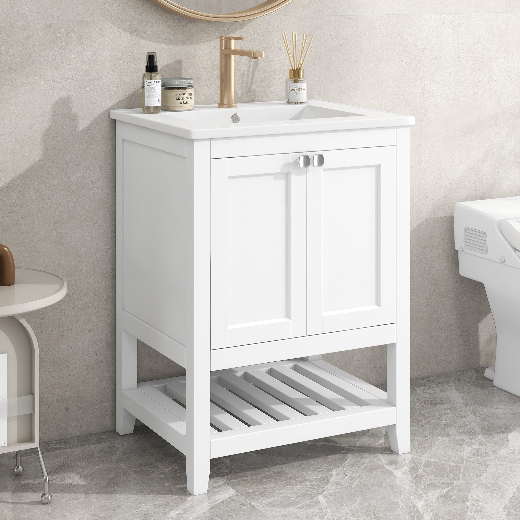 Bathroom Vanity Unit with Base Cabinet 60cm, Ceramic Washbasin, White ...