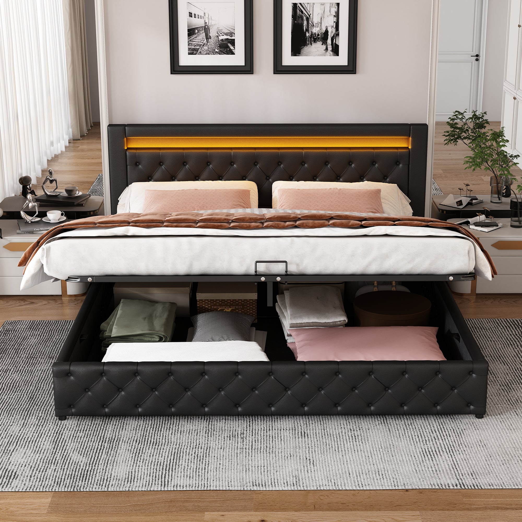 Upholstered Bed 160x200cm Functional Storage Bed with LED Lighting, Bl ...