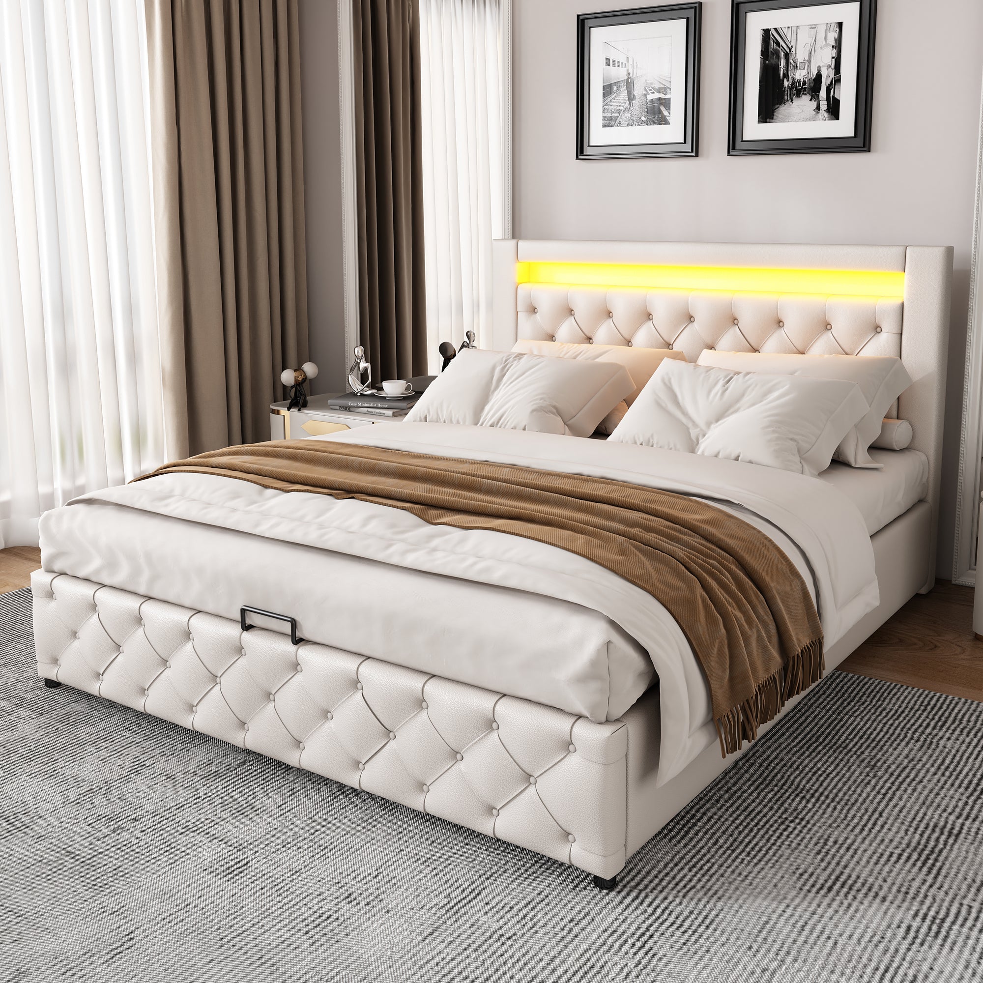Upholstered Bed 160 x 200 cm, Functional with Storage, LED Lighting, S ...