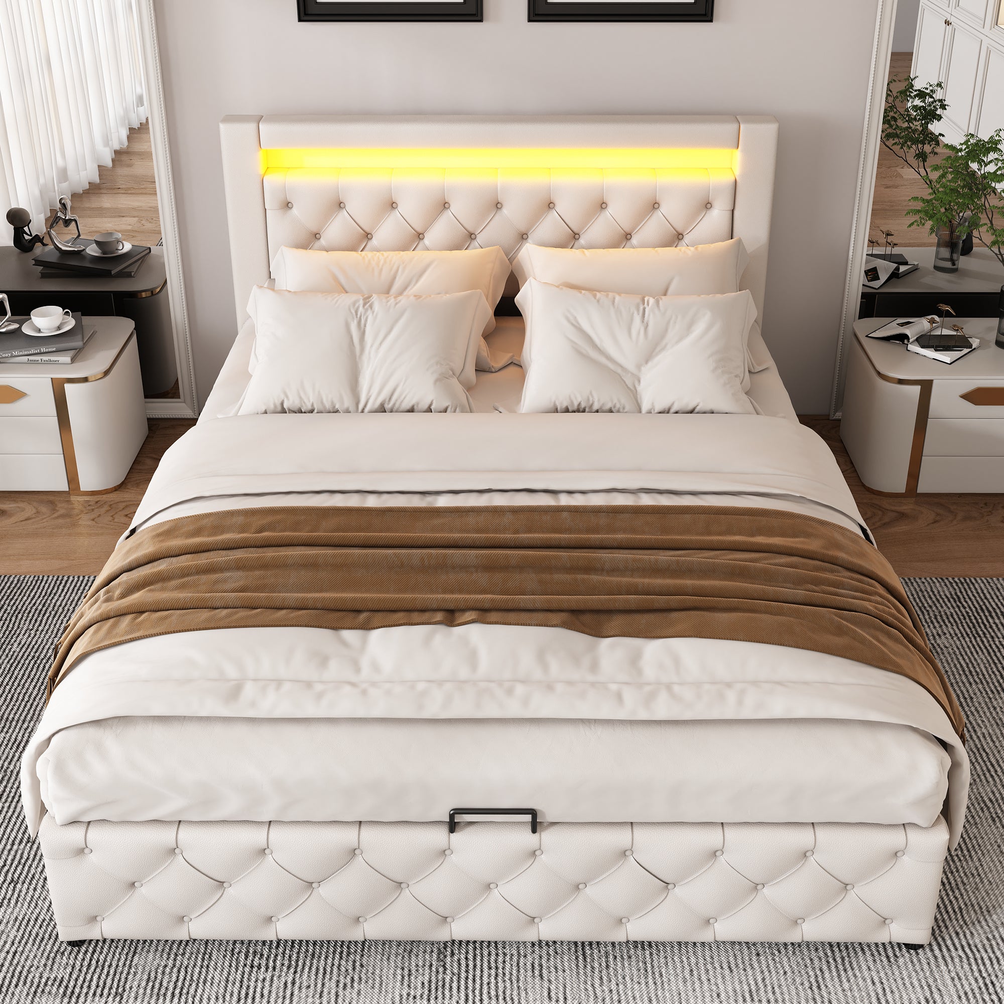 Upholstered Bed 160 x 200 cm, Functional with Storage, LED Lighting, S ...