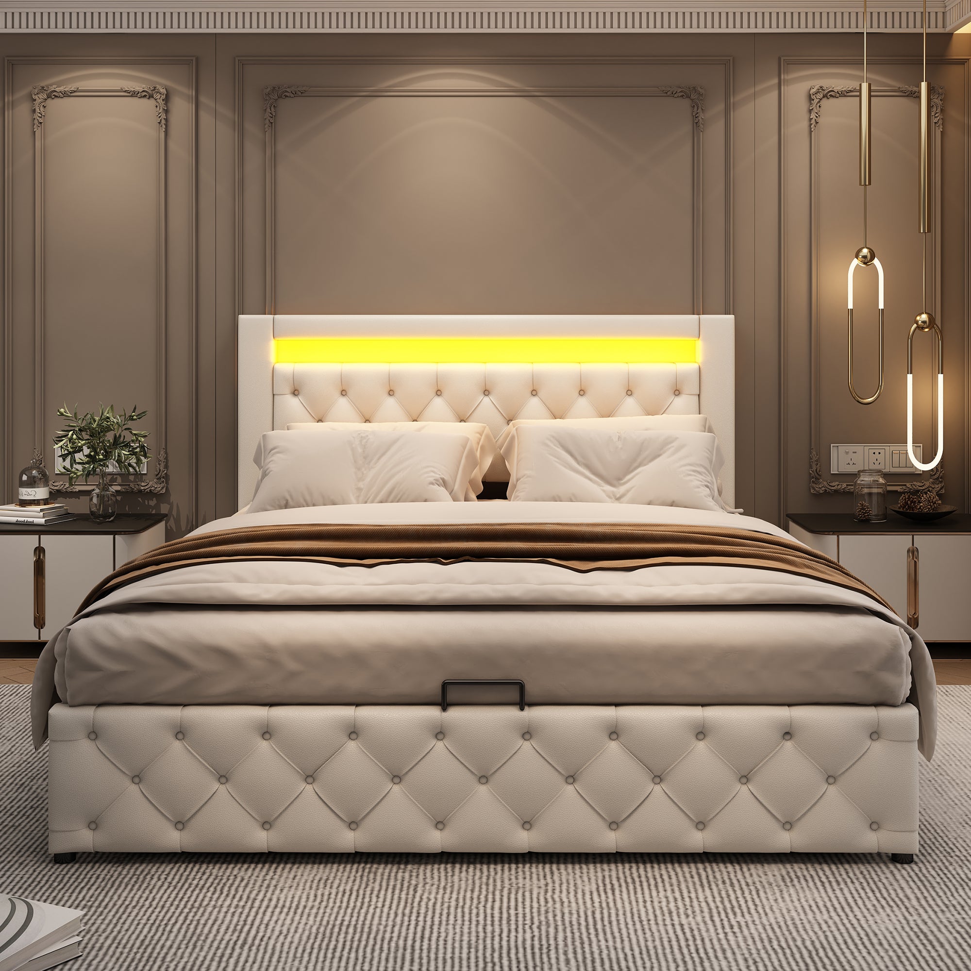 Upholstered Bed 160 x 200 cm, Functional with Storage, LED Lighting, S ...