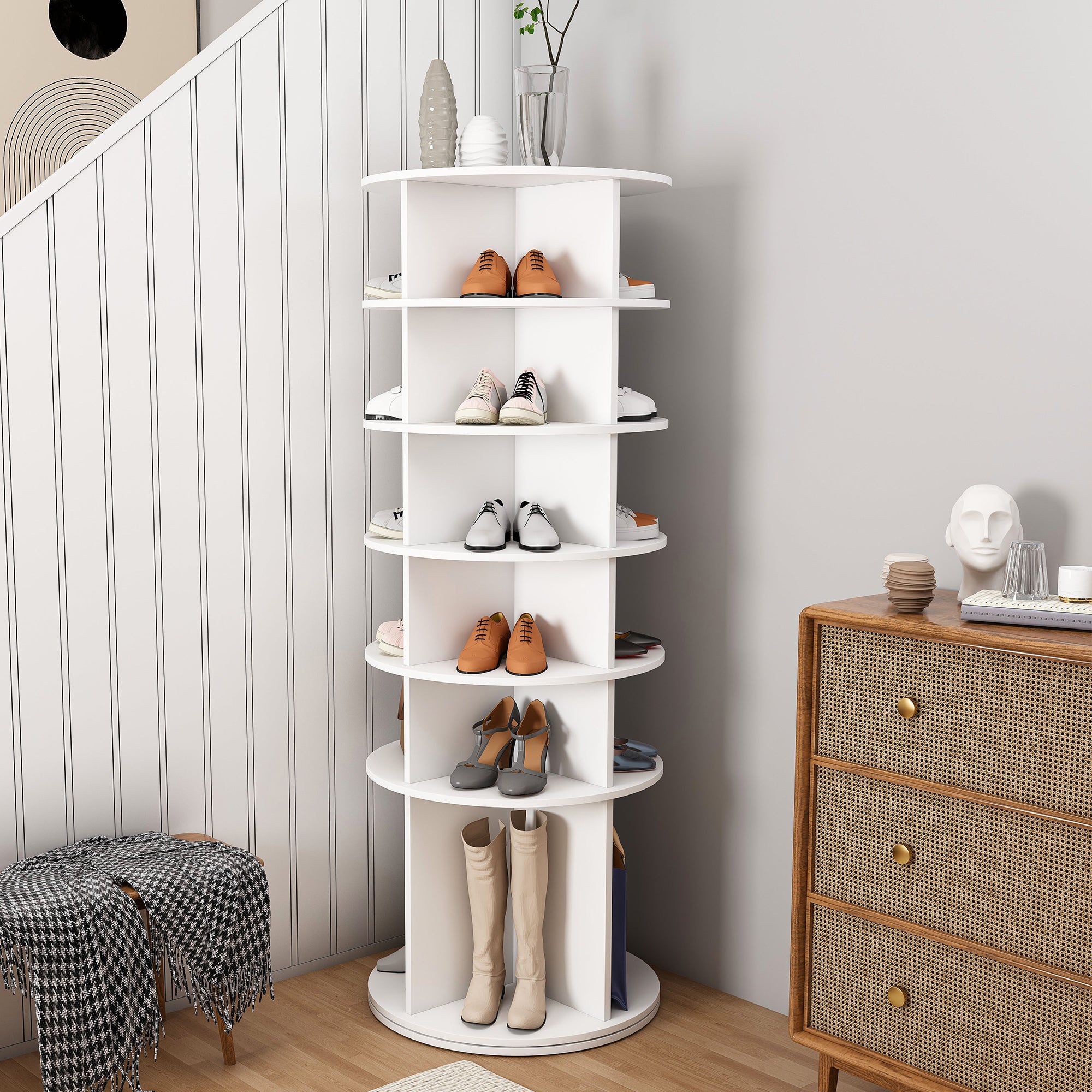 6-Tier Rotating Shoe Rack, 360° Function, Holds 24 Pairs, High Shelf f ...