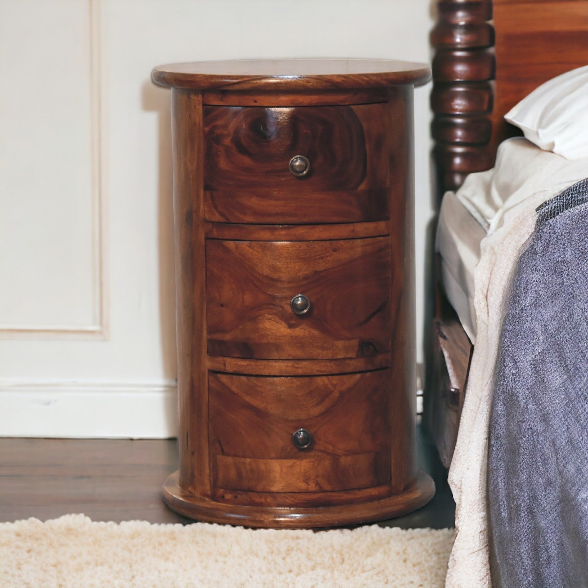 Solid Wood Drum, 3 Drawers, Dark Brown Chestnut Sheesham – RW Living