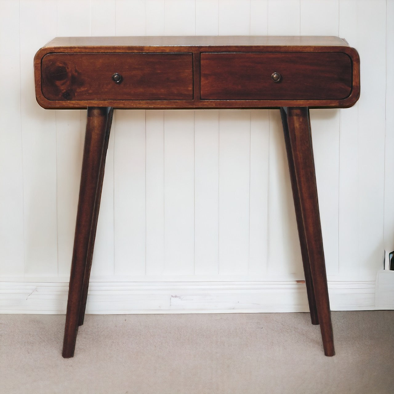 Solid Wood Curved Hallway Table, 2 Drawers, Chestnut/Dark Brown – RW Living
