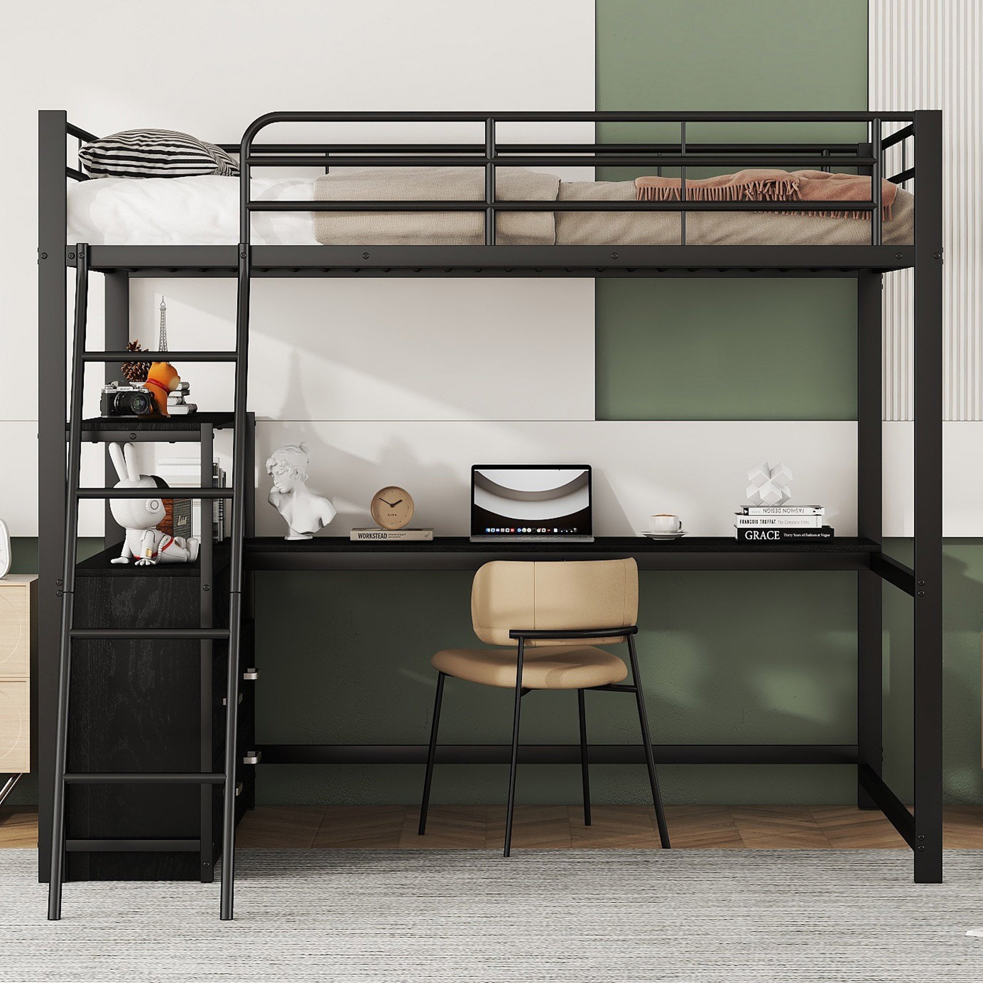 Loft Bed 140x200cm, Practical Drawers, L-Shaped Desk, Iron Frame Black ...
