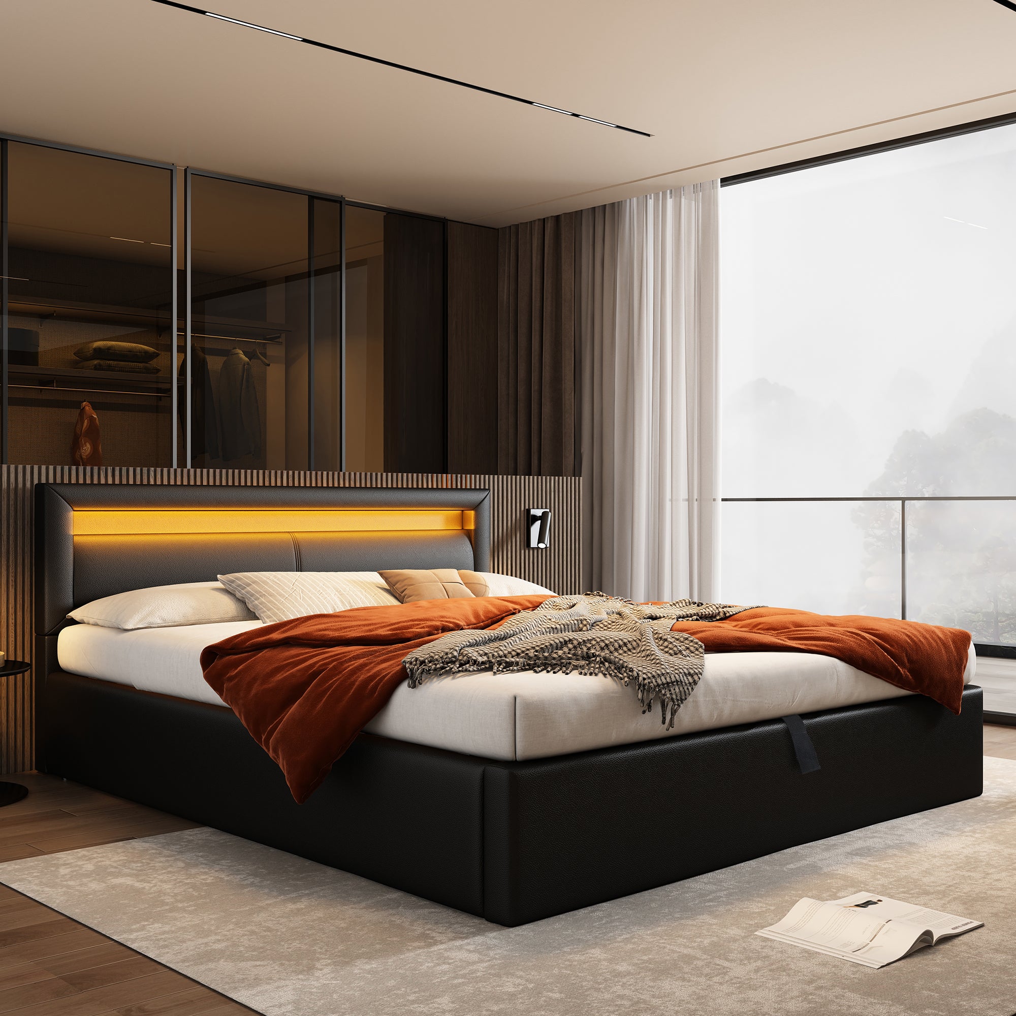 Upholstered LED Bed 140x190cm with Storage and Slatted Base, Black Fau ...