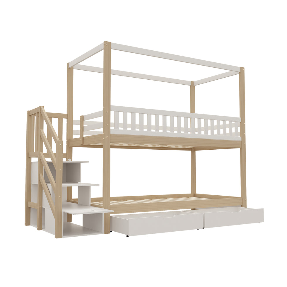 Bunk Bed, 90*200 cm House Shape, Safety Rail, Storage, and Ladder, Sol ...