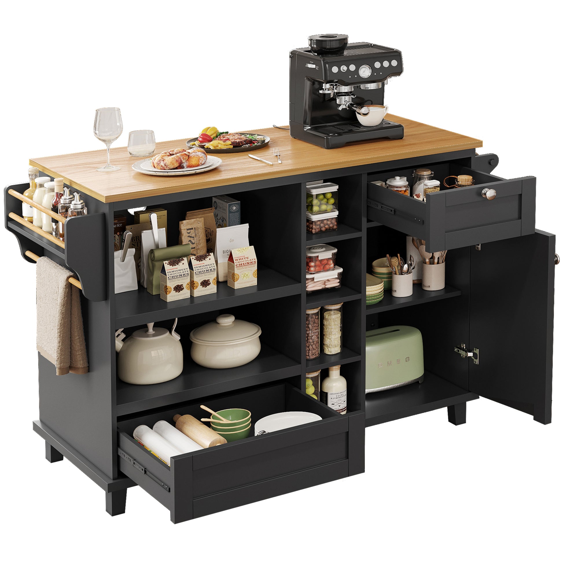 Dining Trolley Mobile Kitchen with Drawers and Storage Cabinets, Black ...