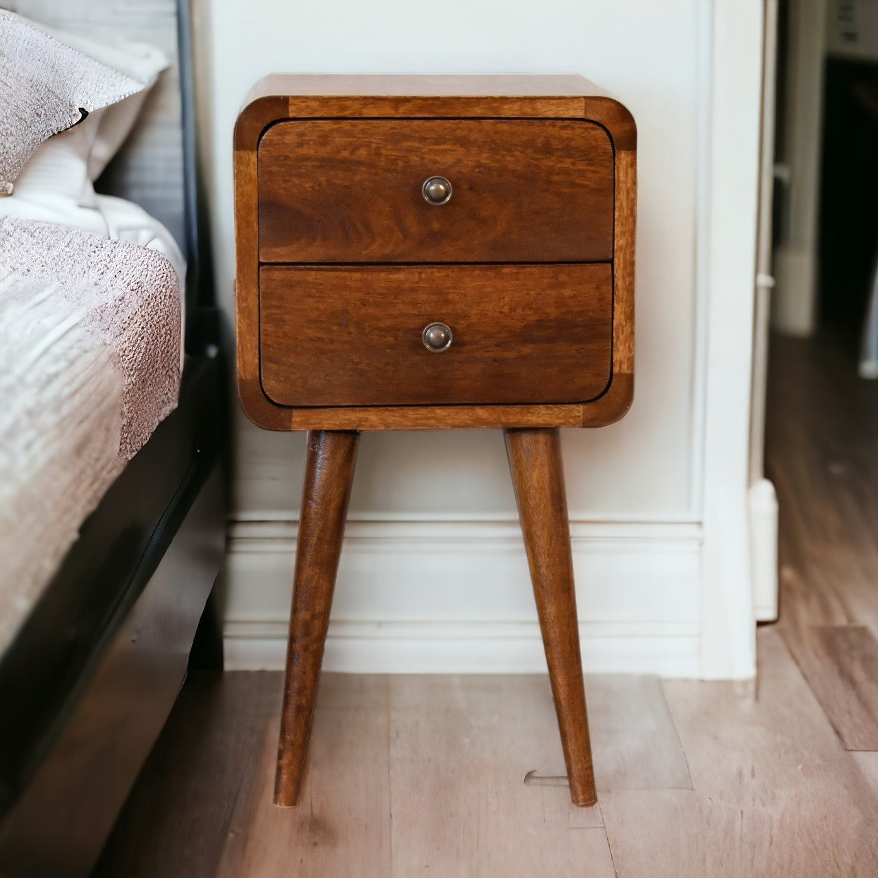 Mini Chestnut Curved Bedside, 2 Drawers, Solid Wood Dark Brown – RW Living