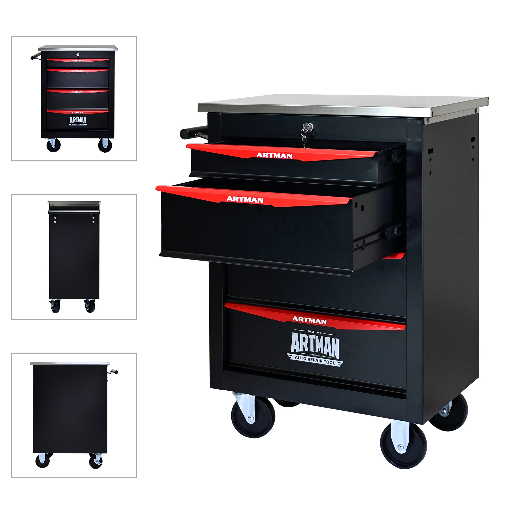 4-Drawer Tool Trolley, Rolling Storage Cart with Stainless Steel Roof ...
