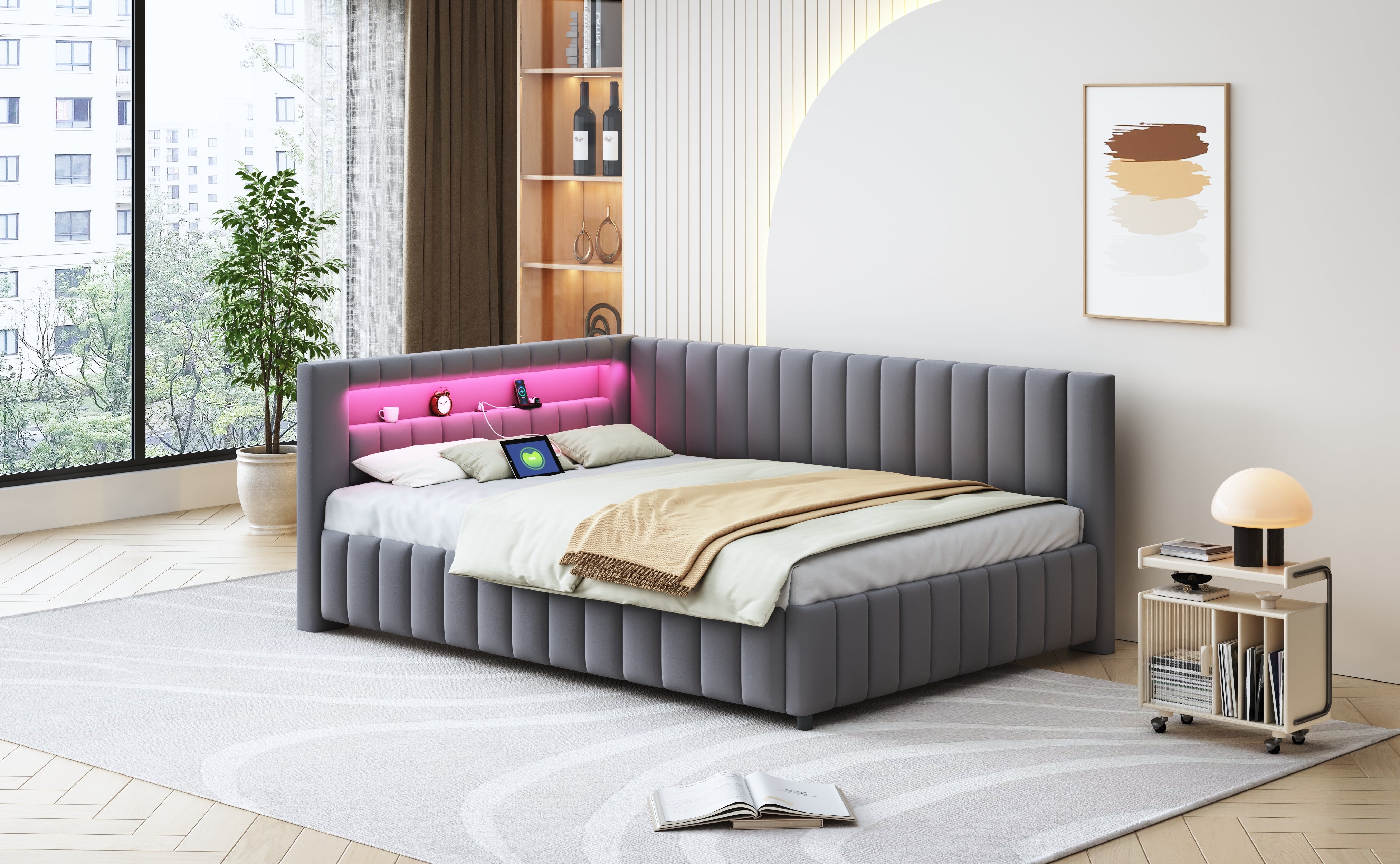 Upholstered Bed/Sofa Bed 140x200 LED Light USB Port Velvet Fabric, Gre ...