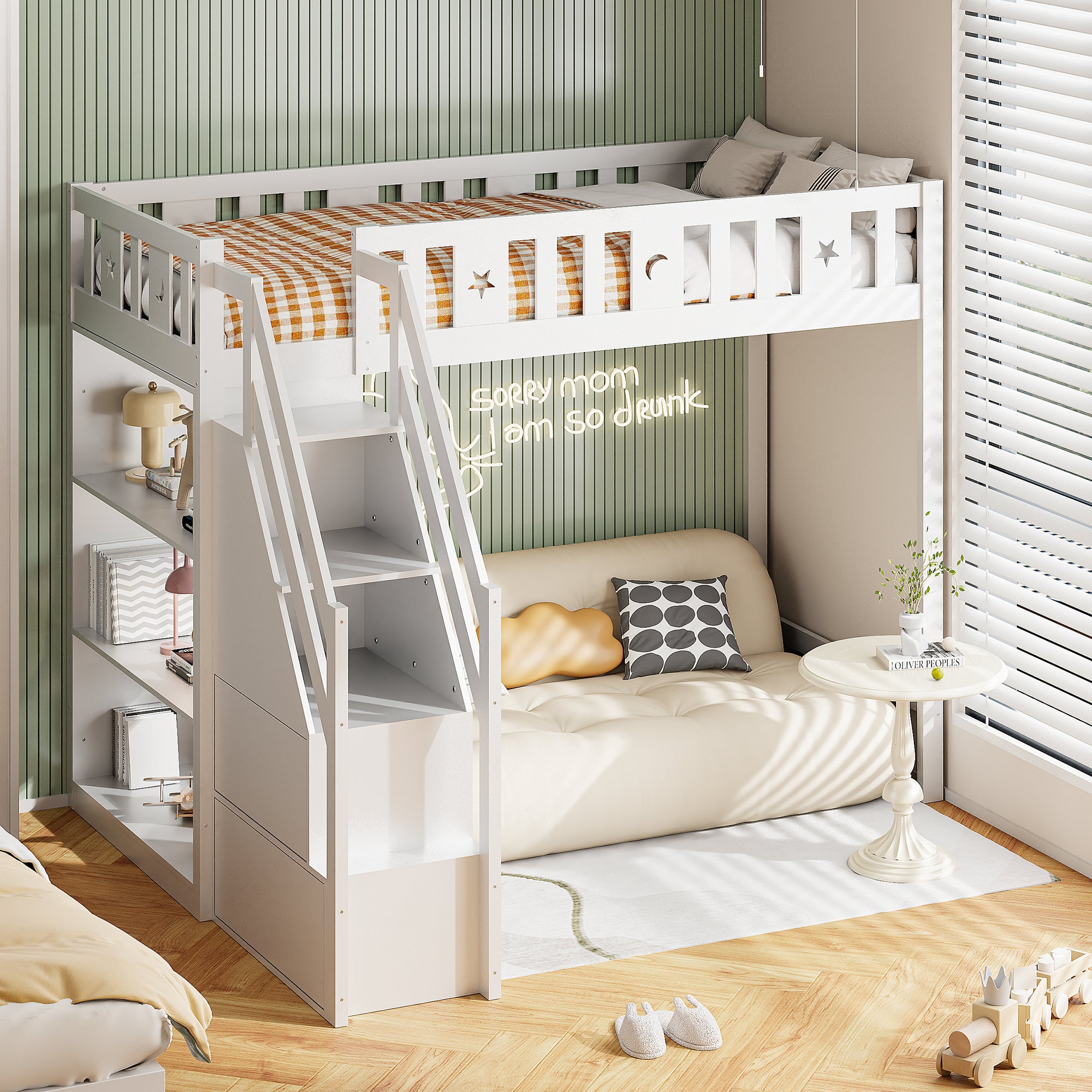 Loft Bed 90x200cm with Storage Ladder and Shelves, Solid Wood Frame, W ...