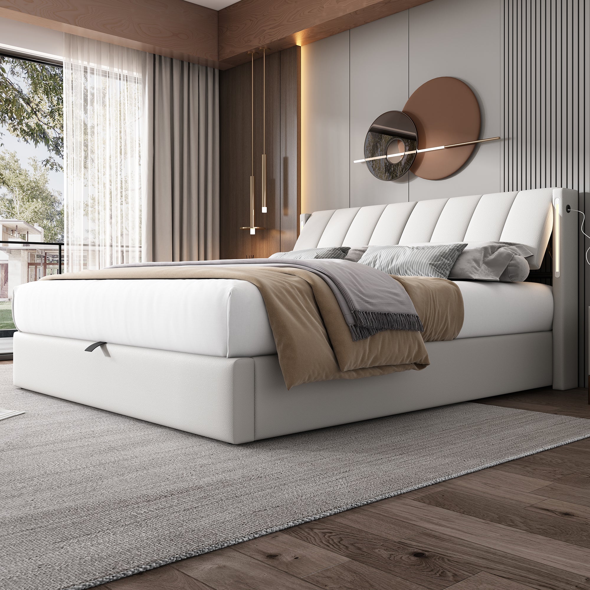 Binaural LED Upholstered Bed 180x200cm, Hydraulic, USB Port, Storage ...