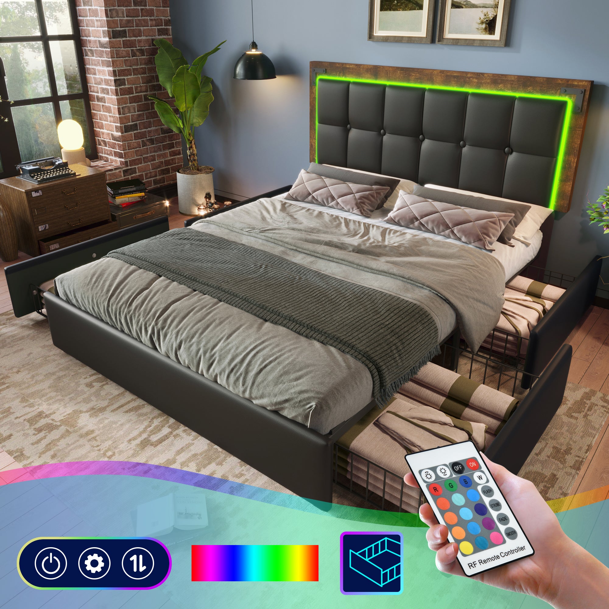 Bed Frame, LED Lighting, 4 Drawers, Adjustable Headboard, Double, PU B ...