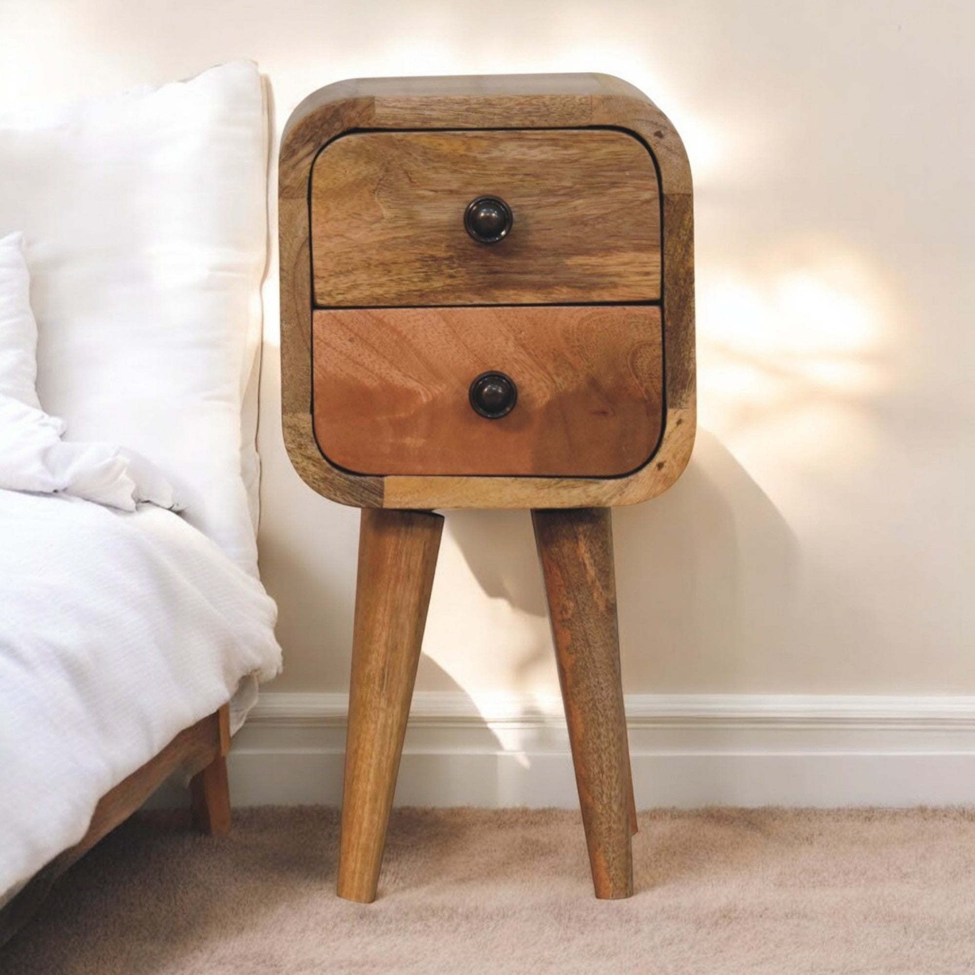 Solid Wood Bedside, Extra Mini Curved 2 Drawers, Brown – RW Living
