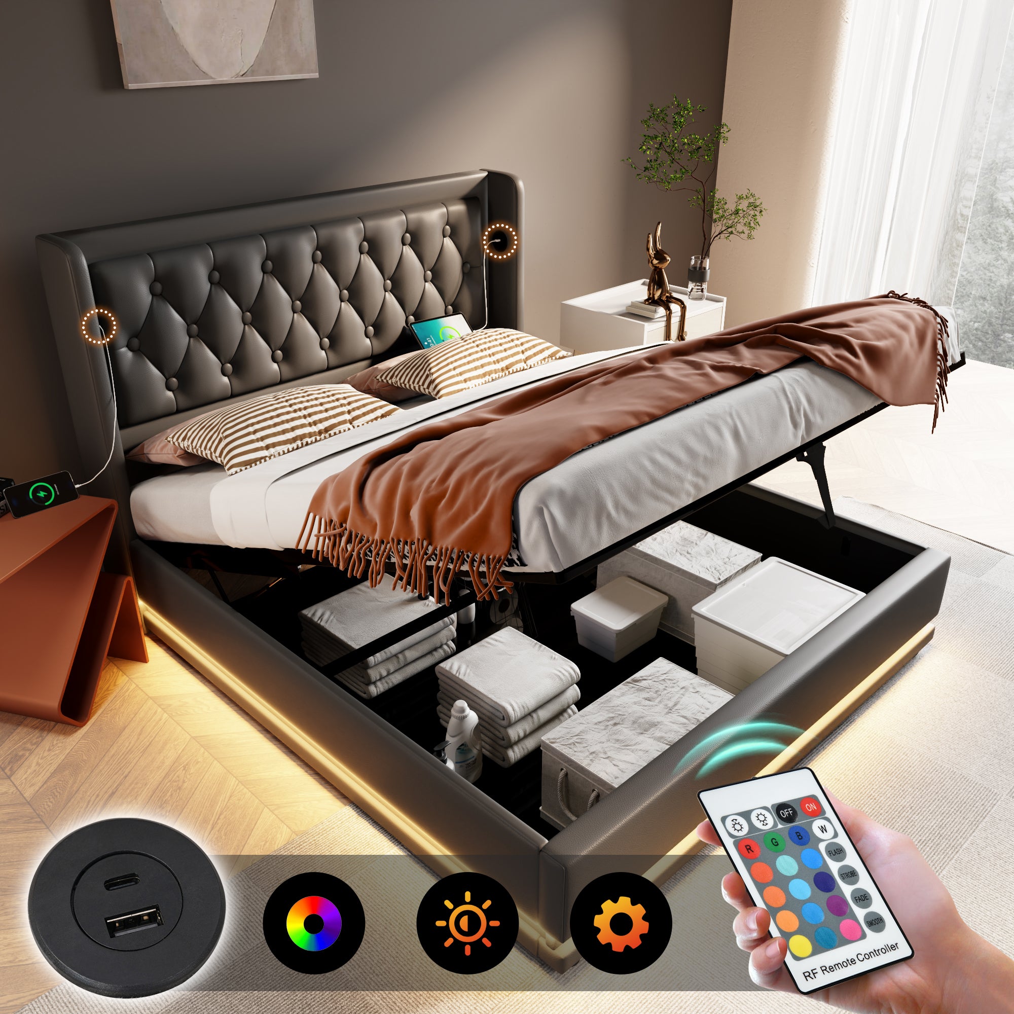 Upholstered Double Bed, 140x200cm Hydraulic Storage with USB Type-C Ch ...