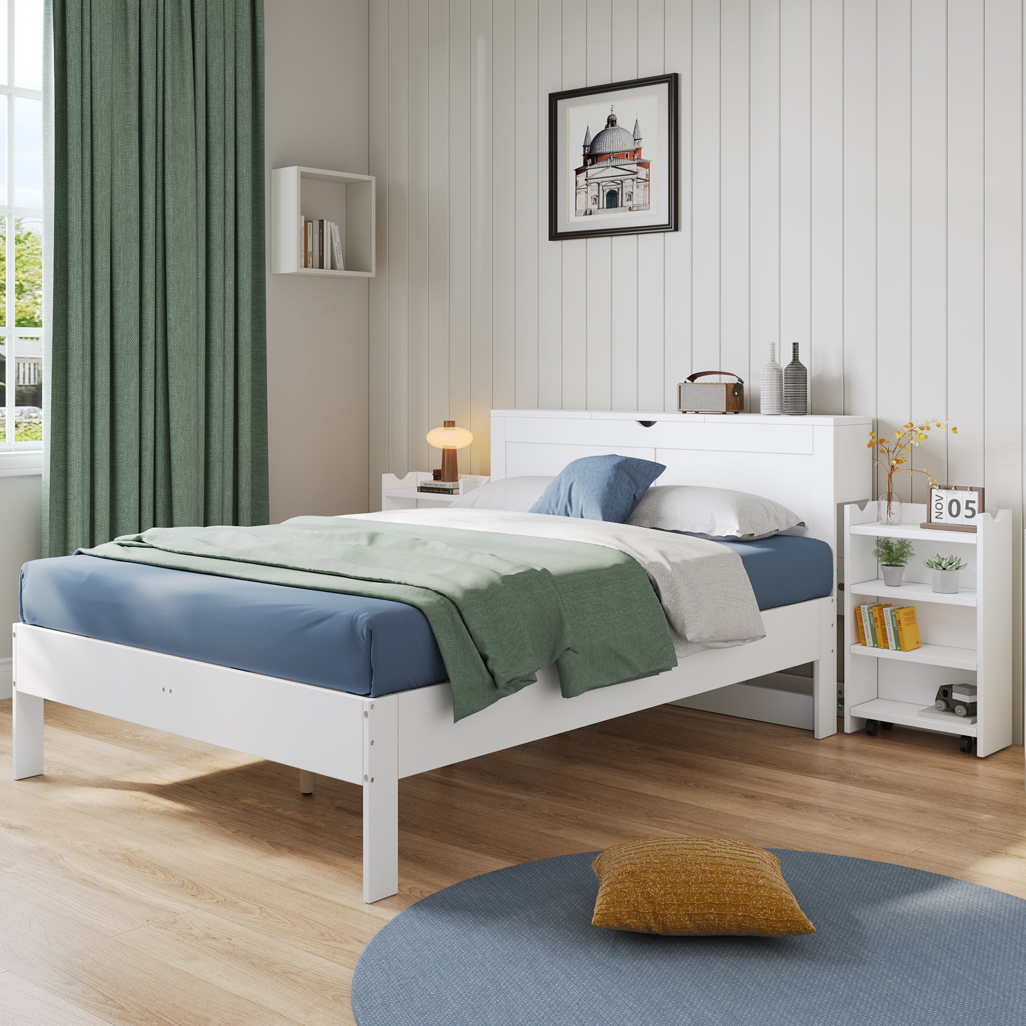 Wooden Bed 140*200 Double Bed with Storage and Pull-out Bedside Tables ...