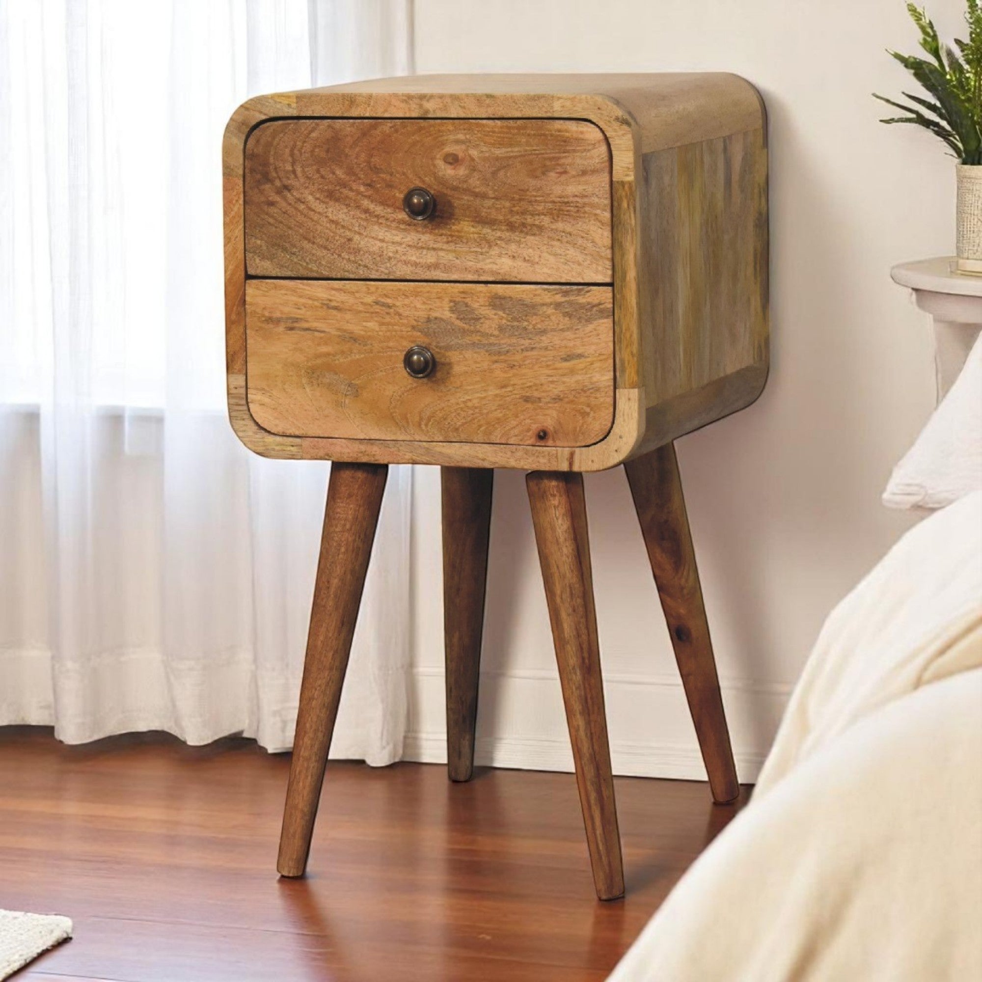 Bedside Mini Curved, 2 Drawers, Solid Wood Oak-ish – RW Living
