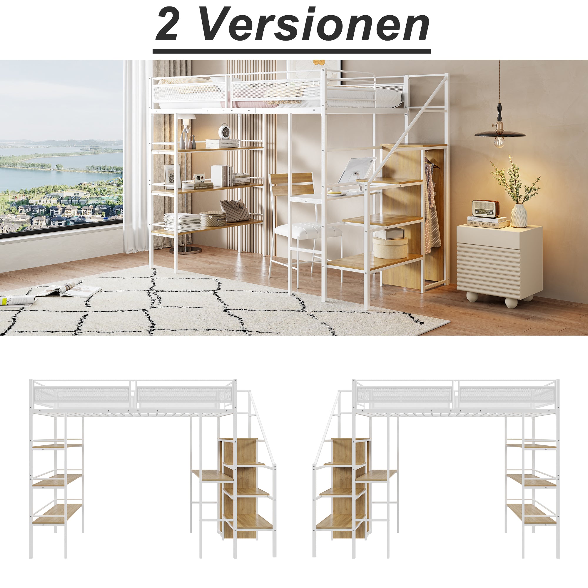 Loft Bed 90x200cm Storage Shelf Desk Wardrobe Safety Steps, Iron White ...