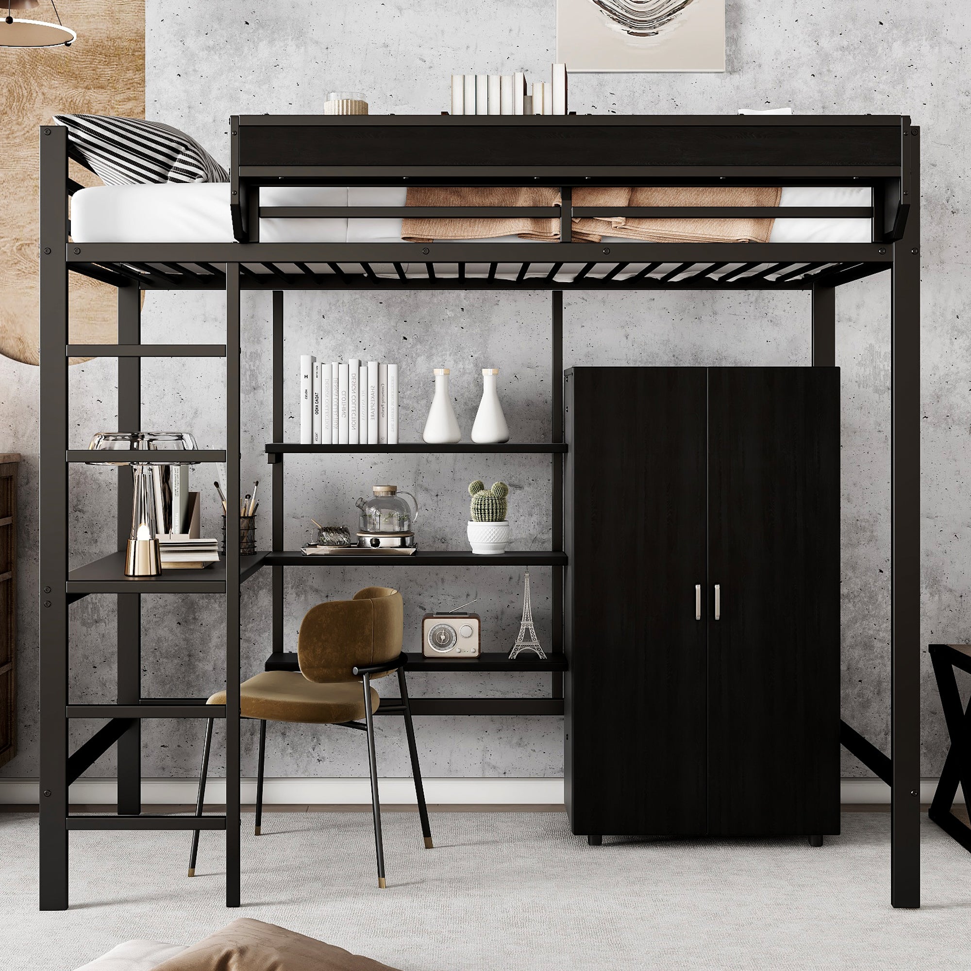 Iron Bunk Bed with Table, Wardrobe, Storage, 5-Step Ladder, 90x200cm ...