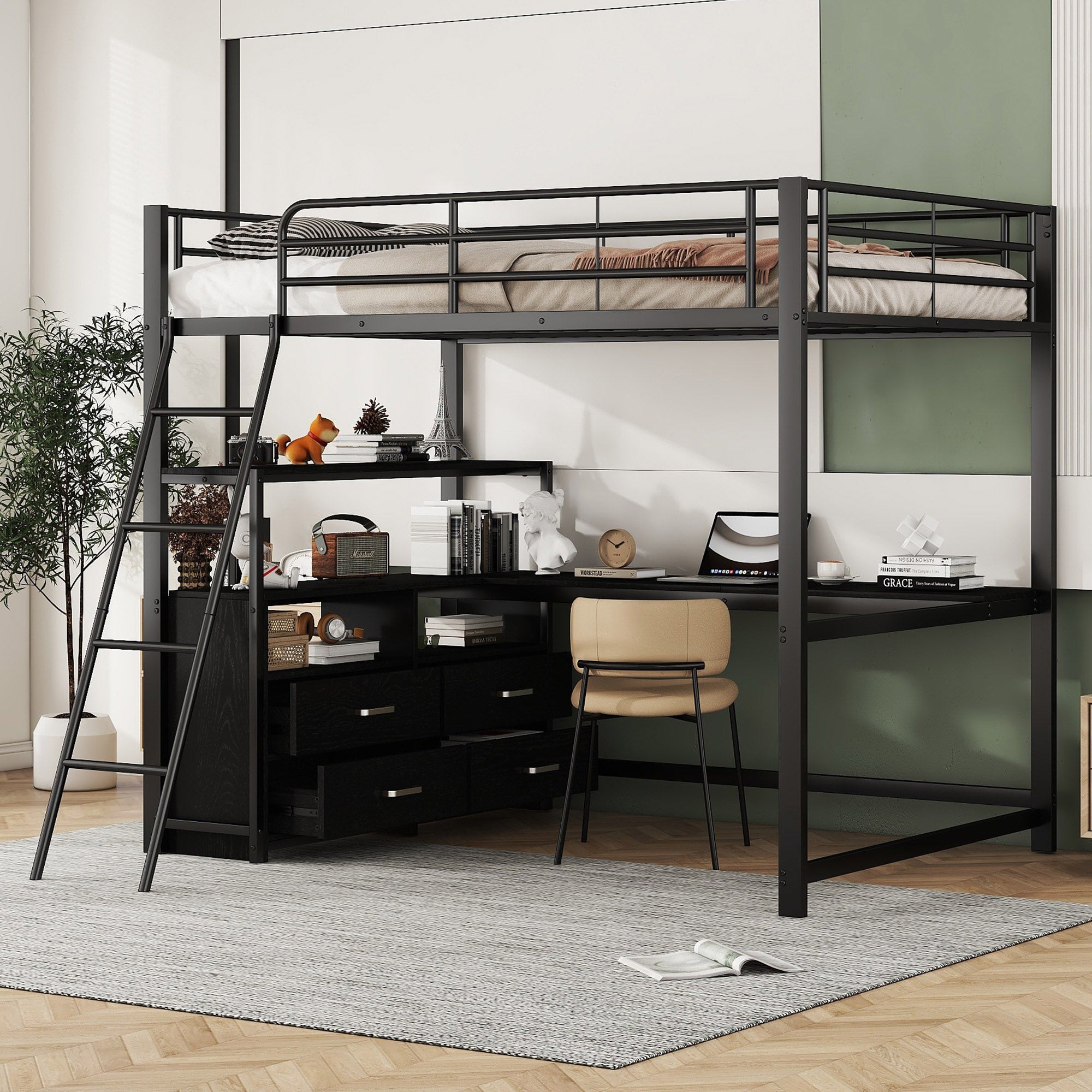 Loft Bed 140x200cm, Practical Drawers, L-Shaped Desk, Iron Frame Black ...