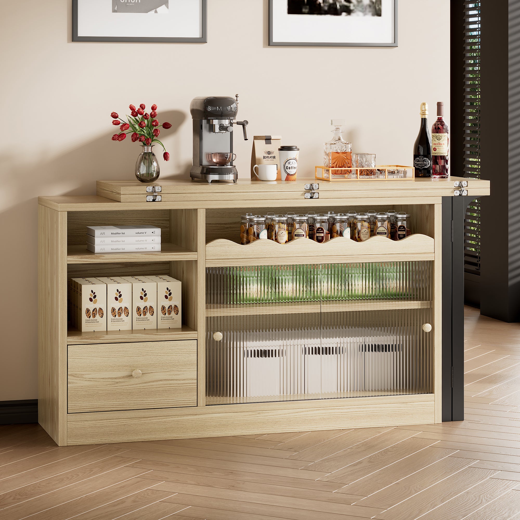 Extendable Folding Dining Table, Storage & 360° Rotatable, Natural + B ...