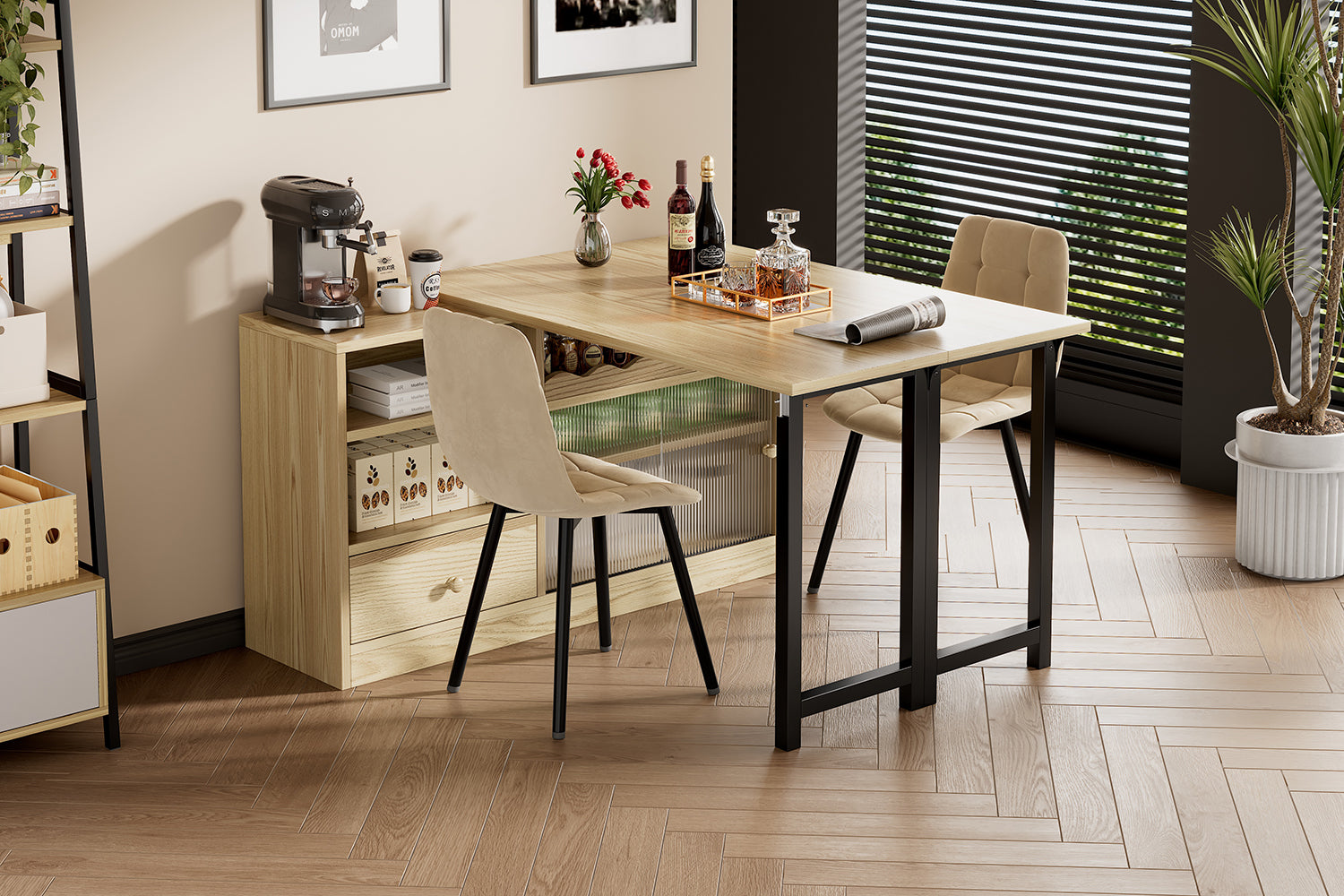 Extendable Folding Dining Table, Storage & 360° Rotatable, Natural + B ...