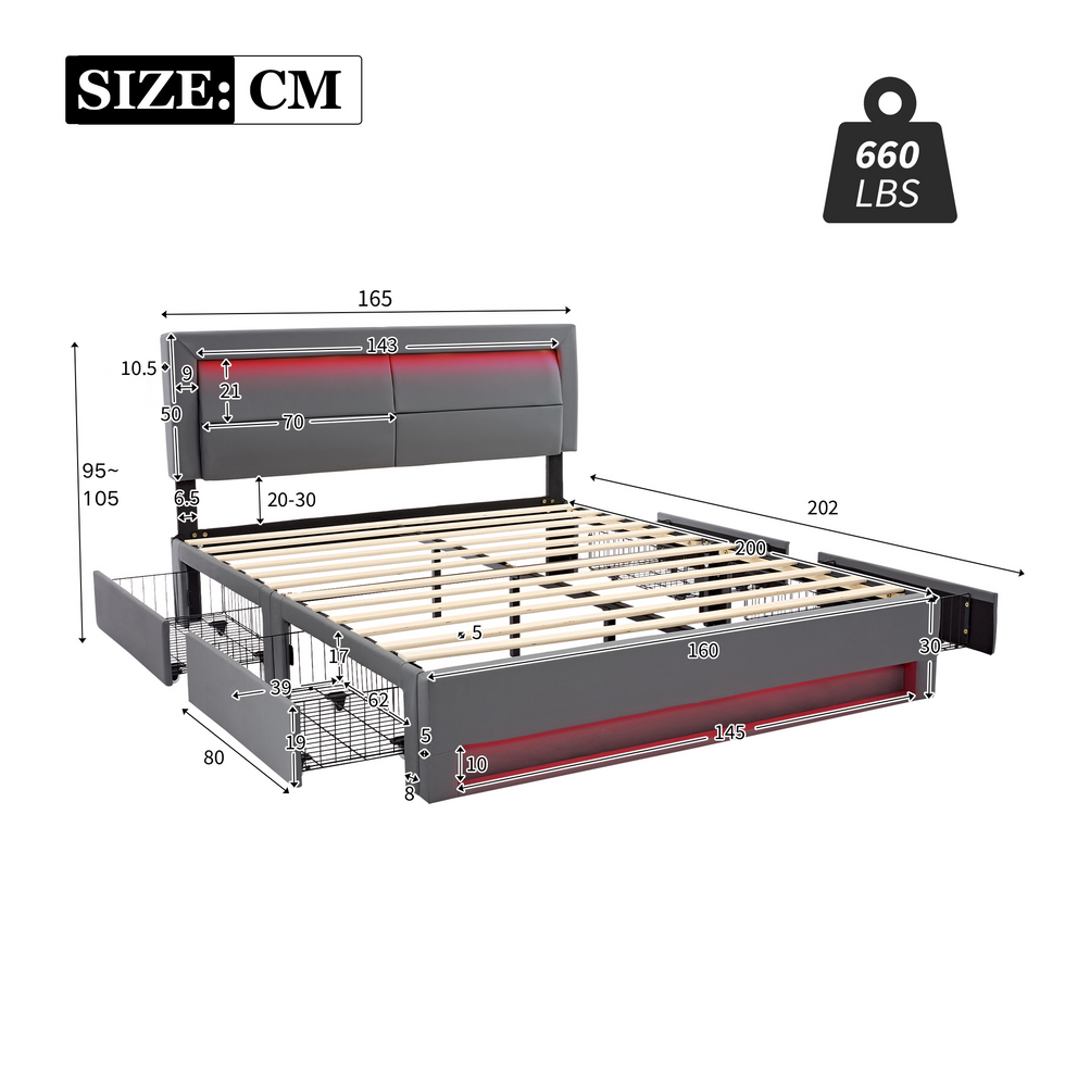 Upholstered Bed 160 x 200 cm, USB Charging, LED Lighting, 4 Drawers, G ...