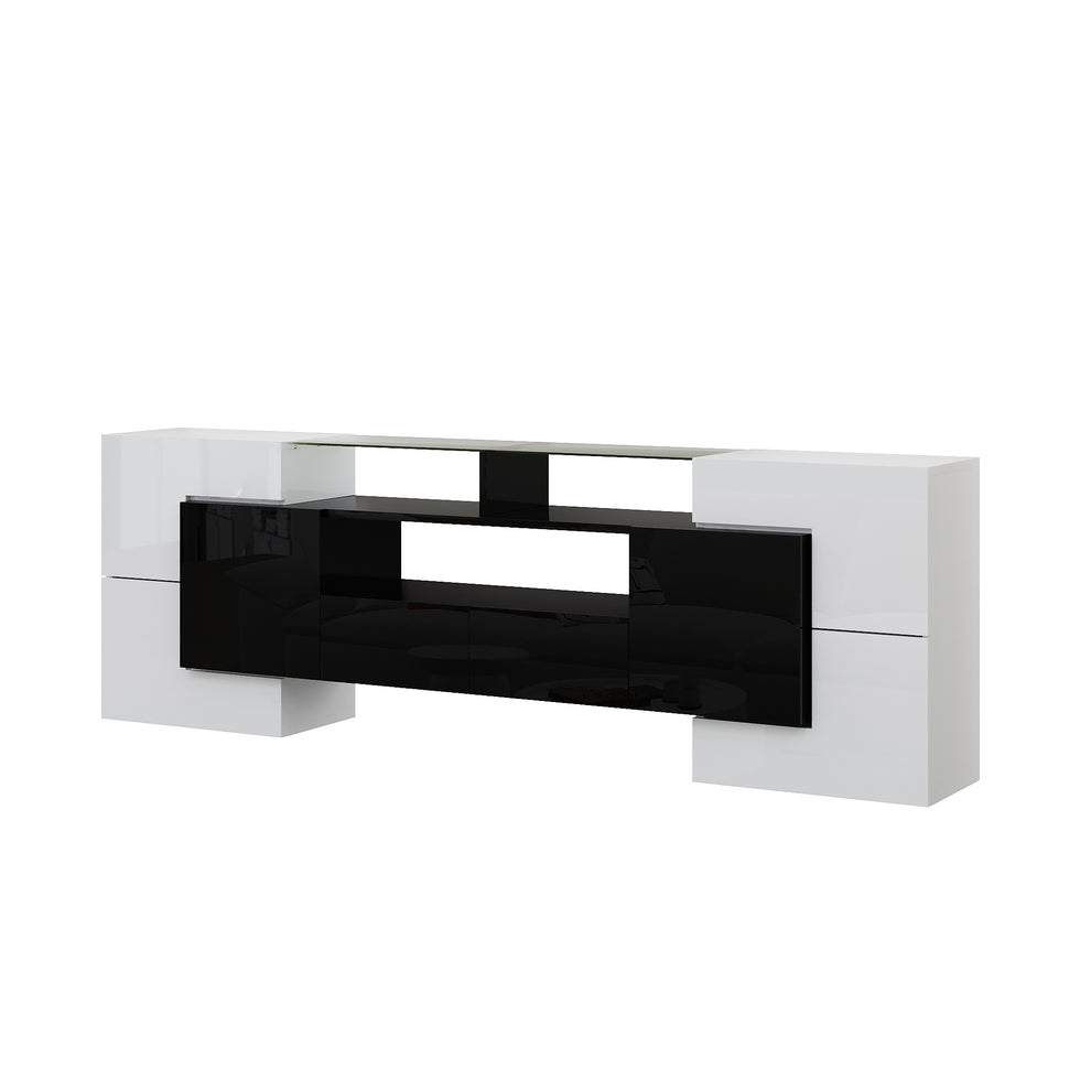 TV Cabinet, Low Panel, 200 cm, LED, Glass Surface, High-Gloss White an ...