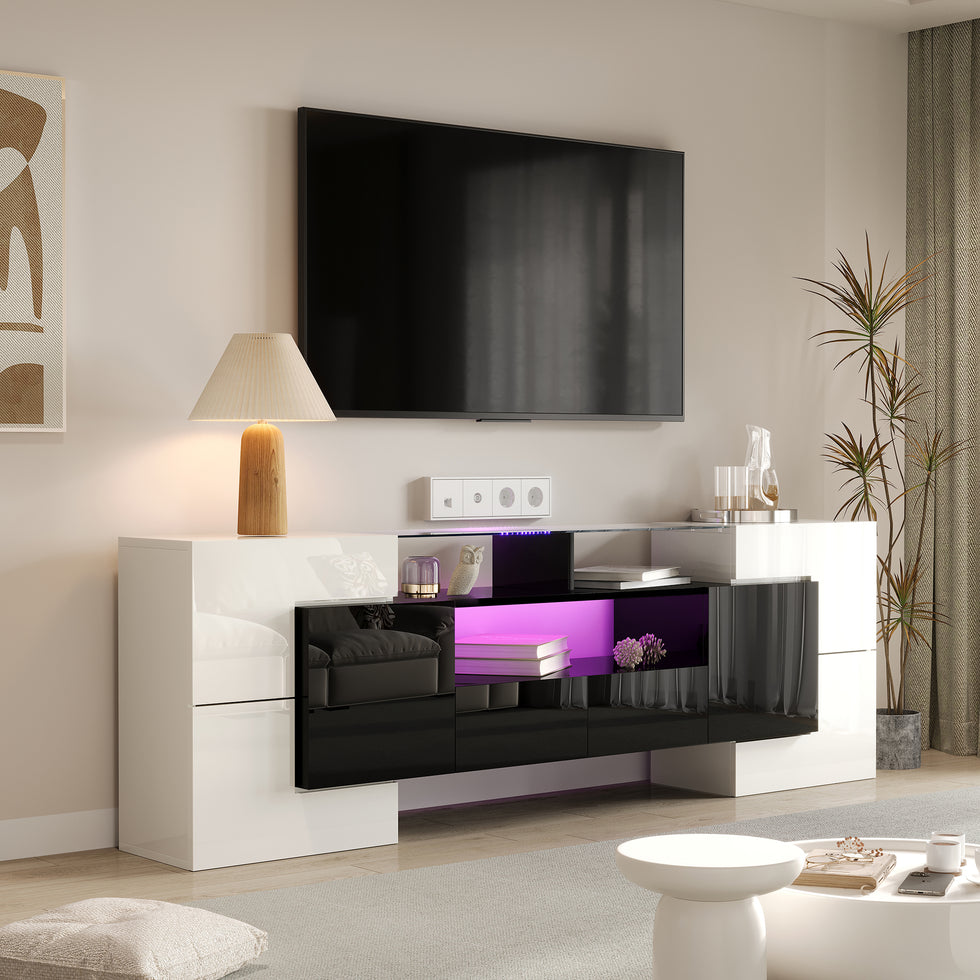 TV Cabinet, Low Panel, 200 cm, LED, Glass Surface, High-Gloss White an ...