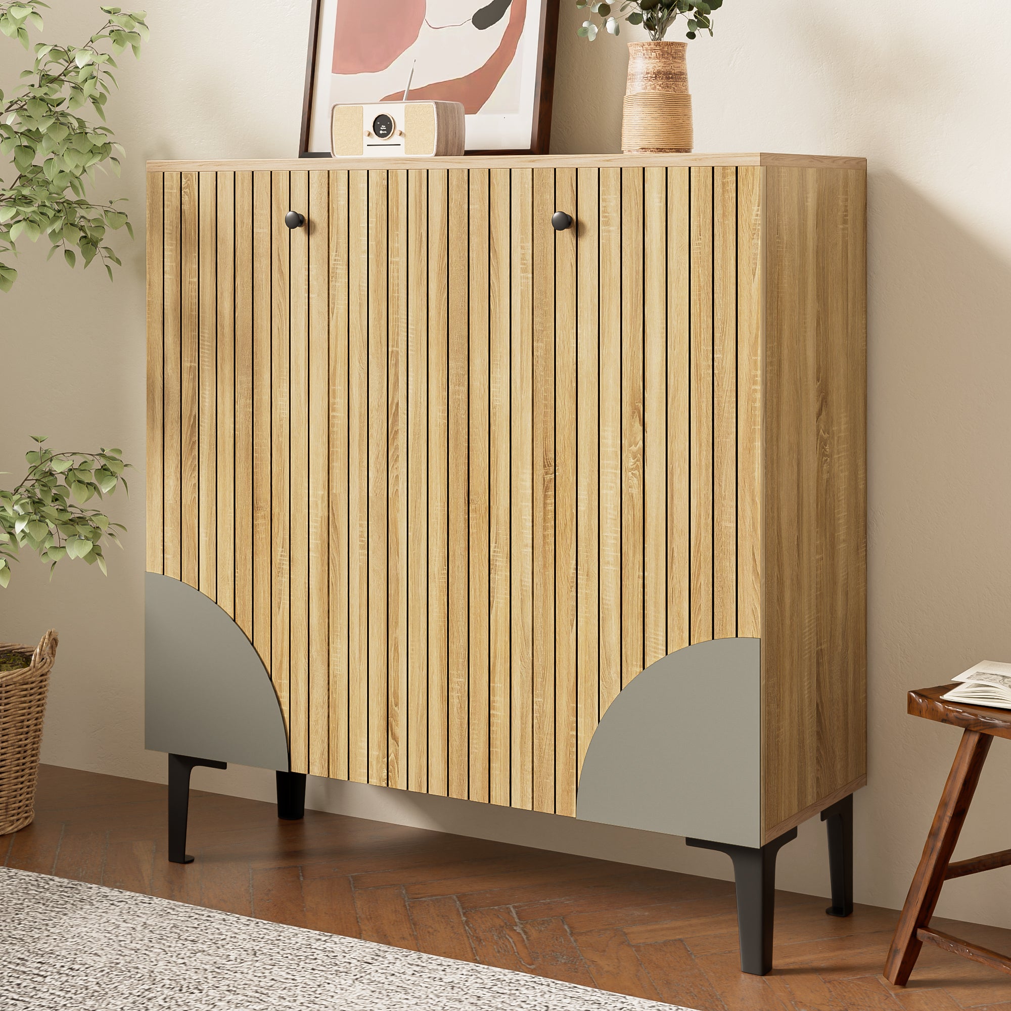Shoe cabinet 90x32x94cm with three doors, storage, and shelf, wood loo ...
