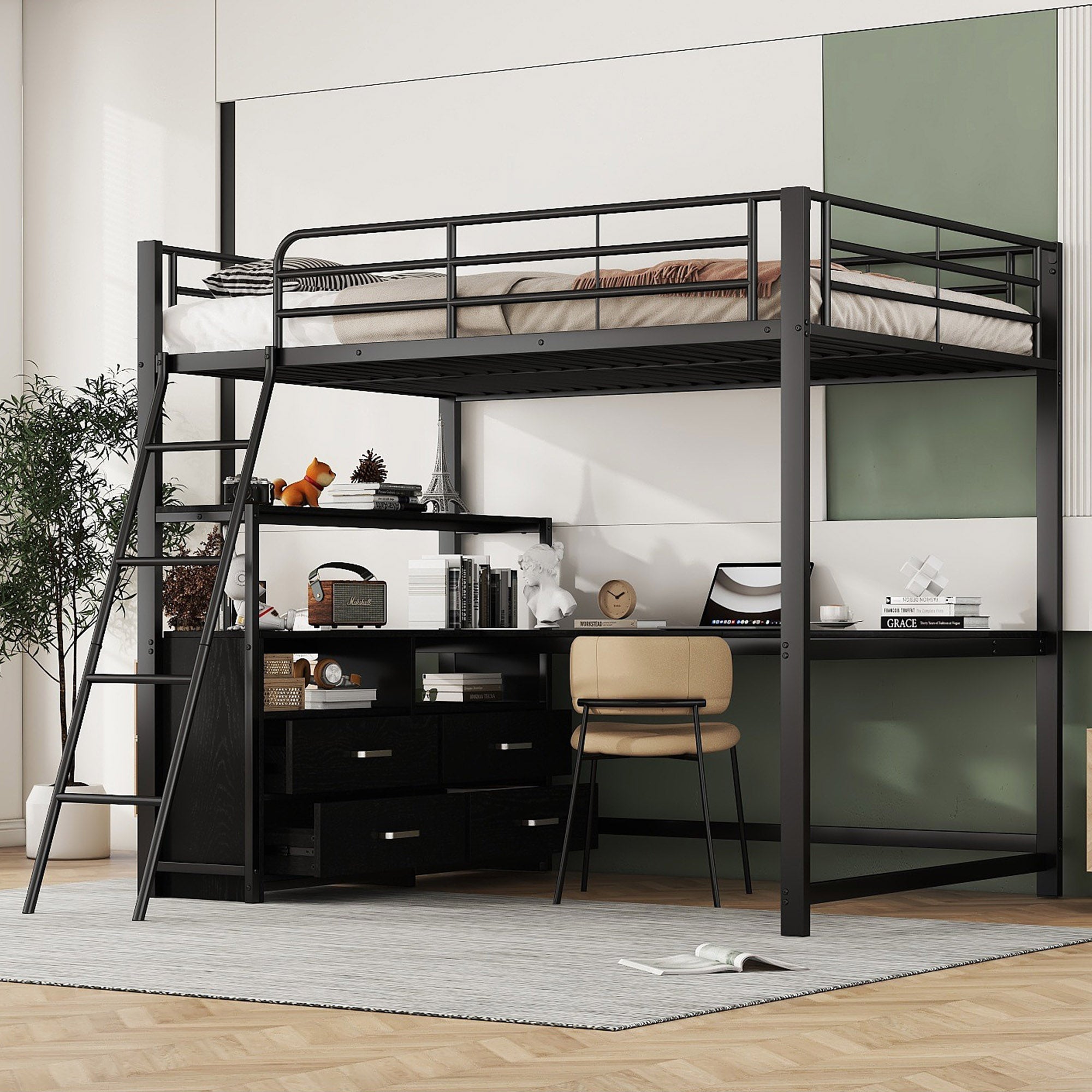 Loft Bed 140x200cm, Practical Drawers, L-Shaped Desk, Iron Frame Black ...