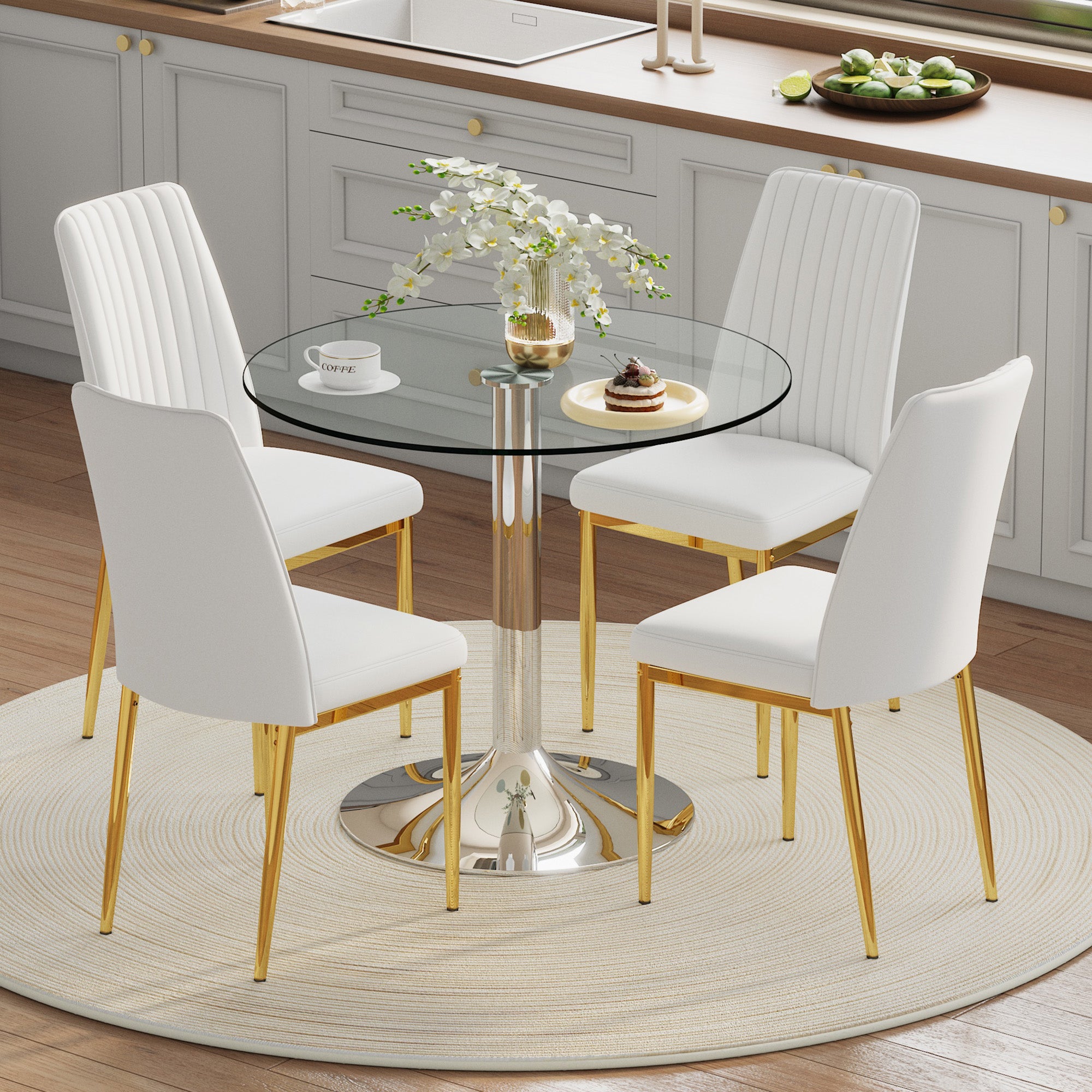 Dining Table Set, Minimalist 85cm Glass Table & 4 Chairs, White Faux L ...