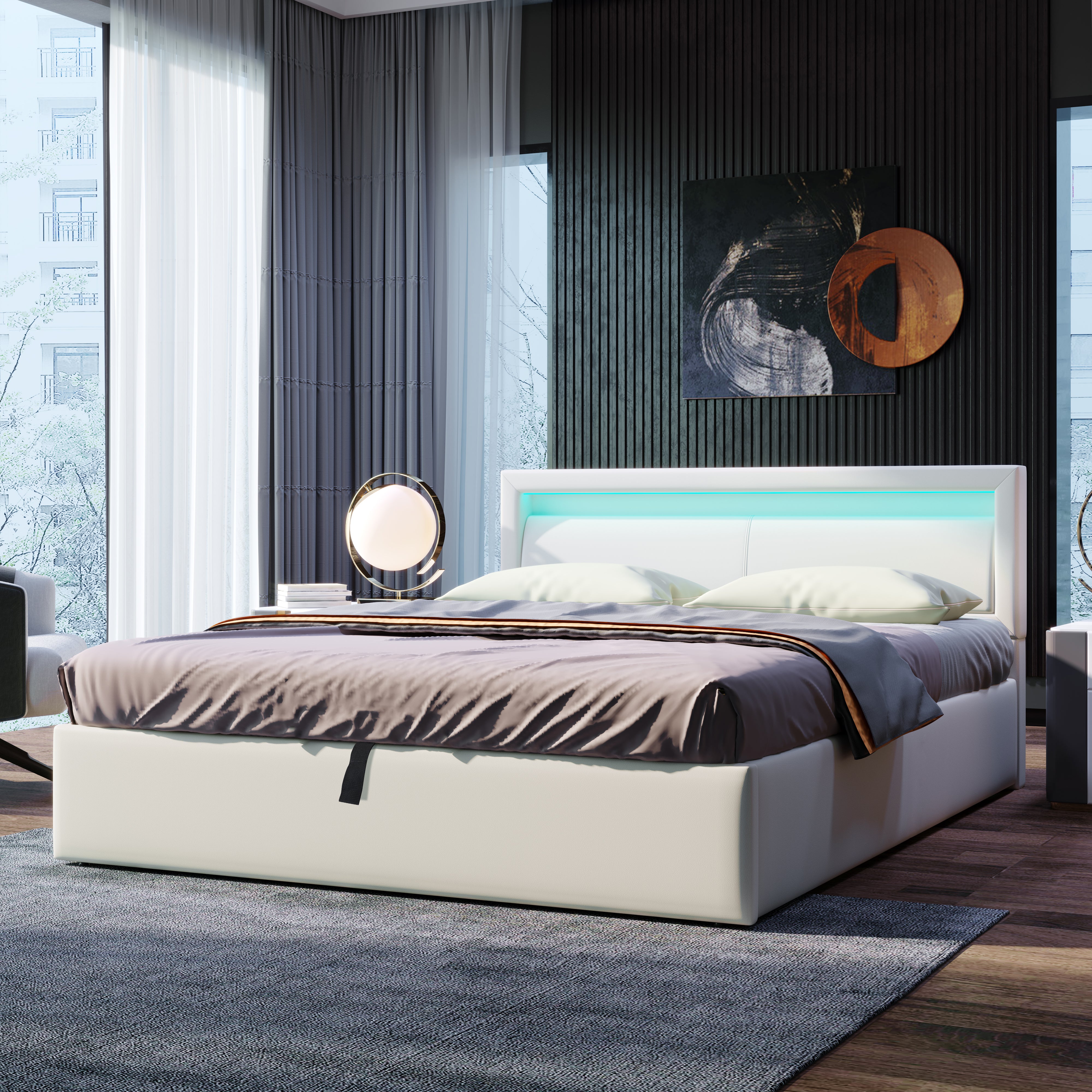 Lit rembourré 140x190cm LED Sommier à Lattes Rangement Tête de Lit Écl ...