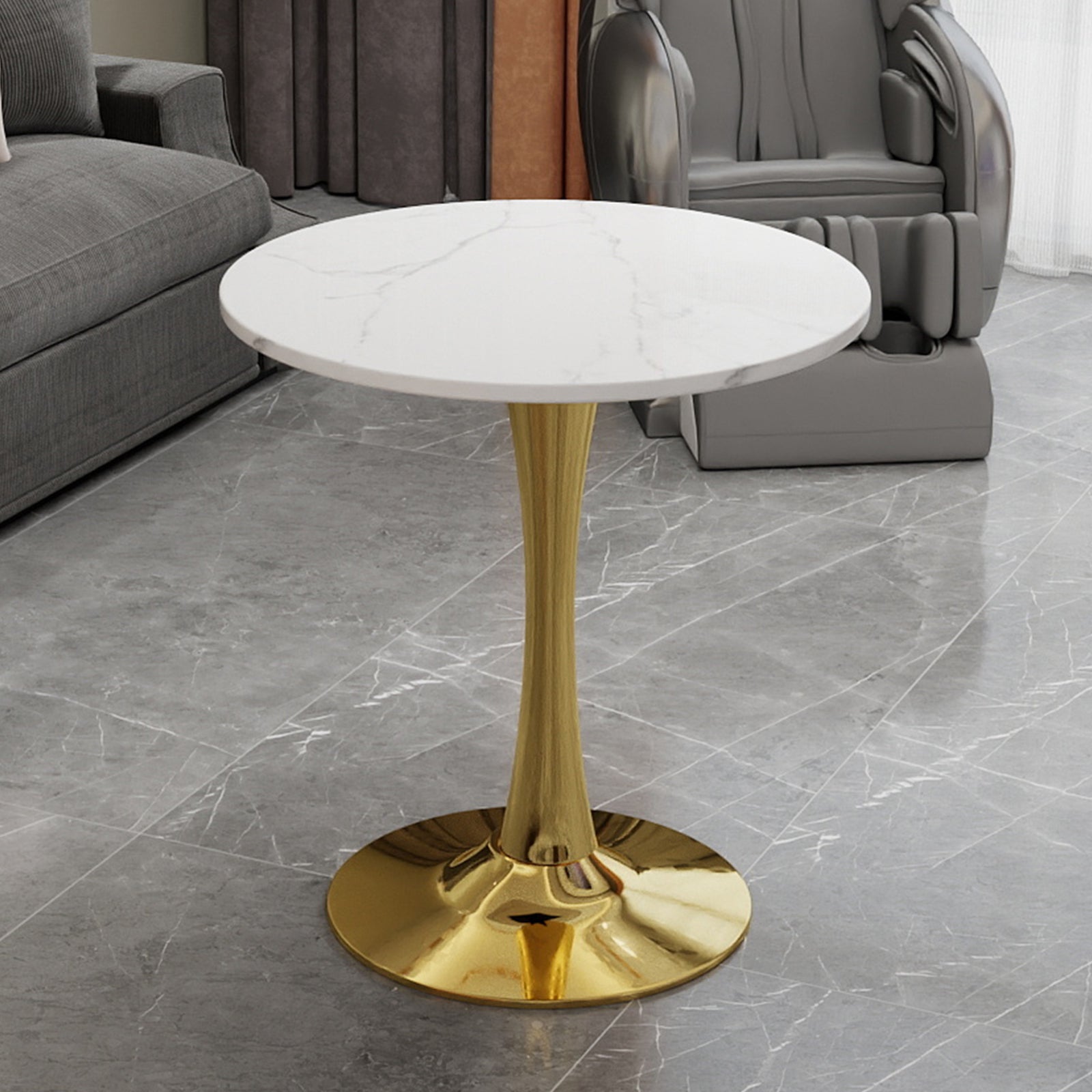 Coffee Table/Dining Table 27.6-inch Round Marble Top, Golden Finish ...